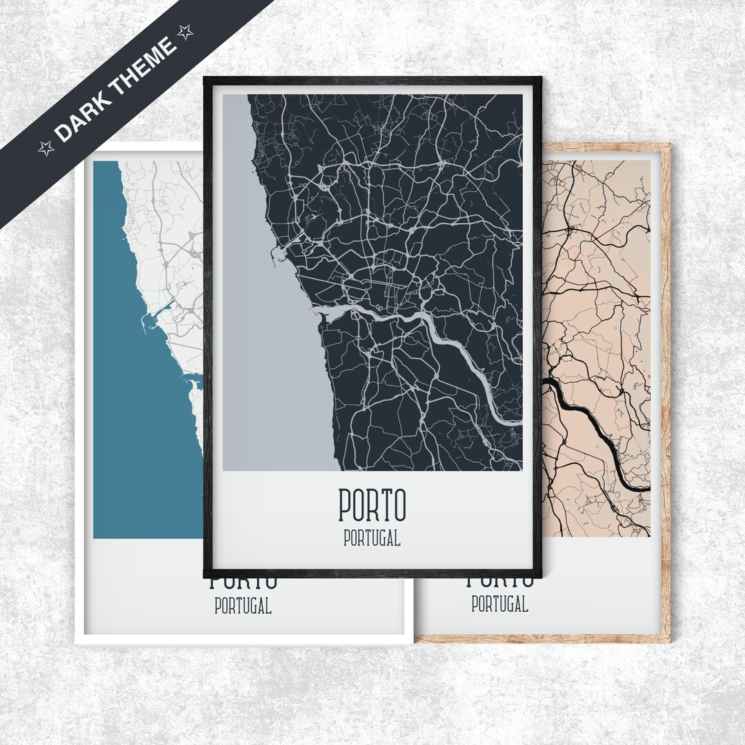 Dark Theme Porto Map, Minimalist Map Poster, Portugal Map Print, Porto ...