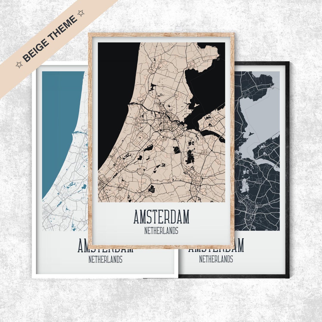 Beige Theme Amsterdam Map, Minimalist Map Poster, Netherlands Map Print ...