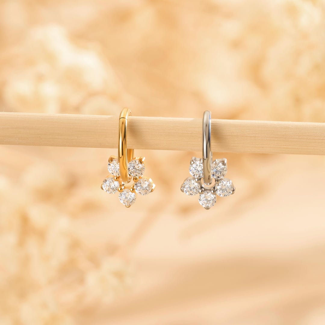 Titanium Flower Dangle Huggie Earring • Rook Piercing • Tragus Hoop ...