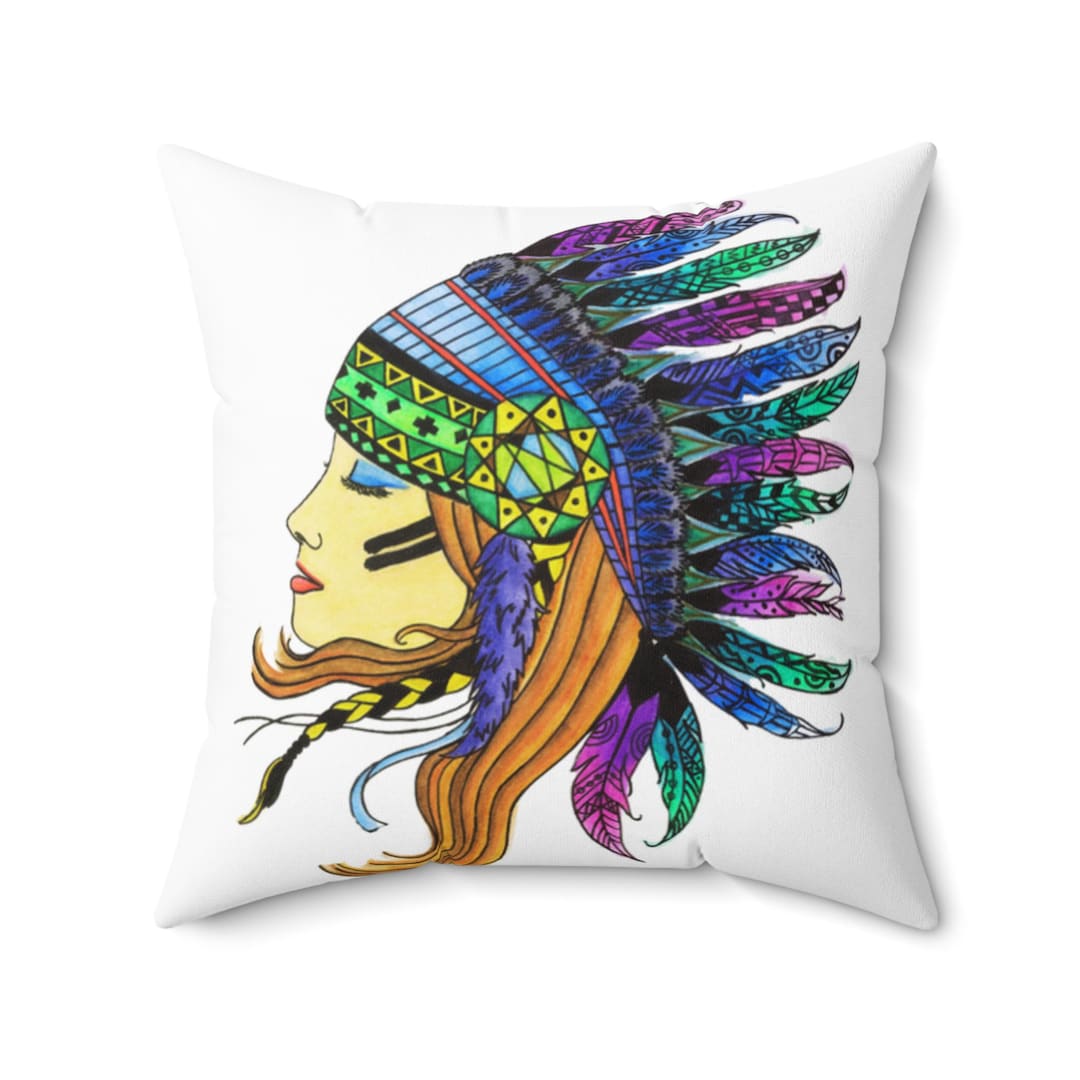 Hand Drawn, Native American Indian Headdress Pillow Cushion, Southwest ...