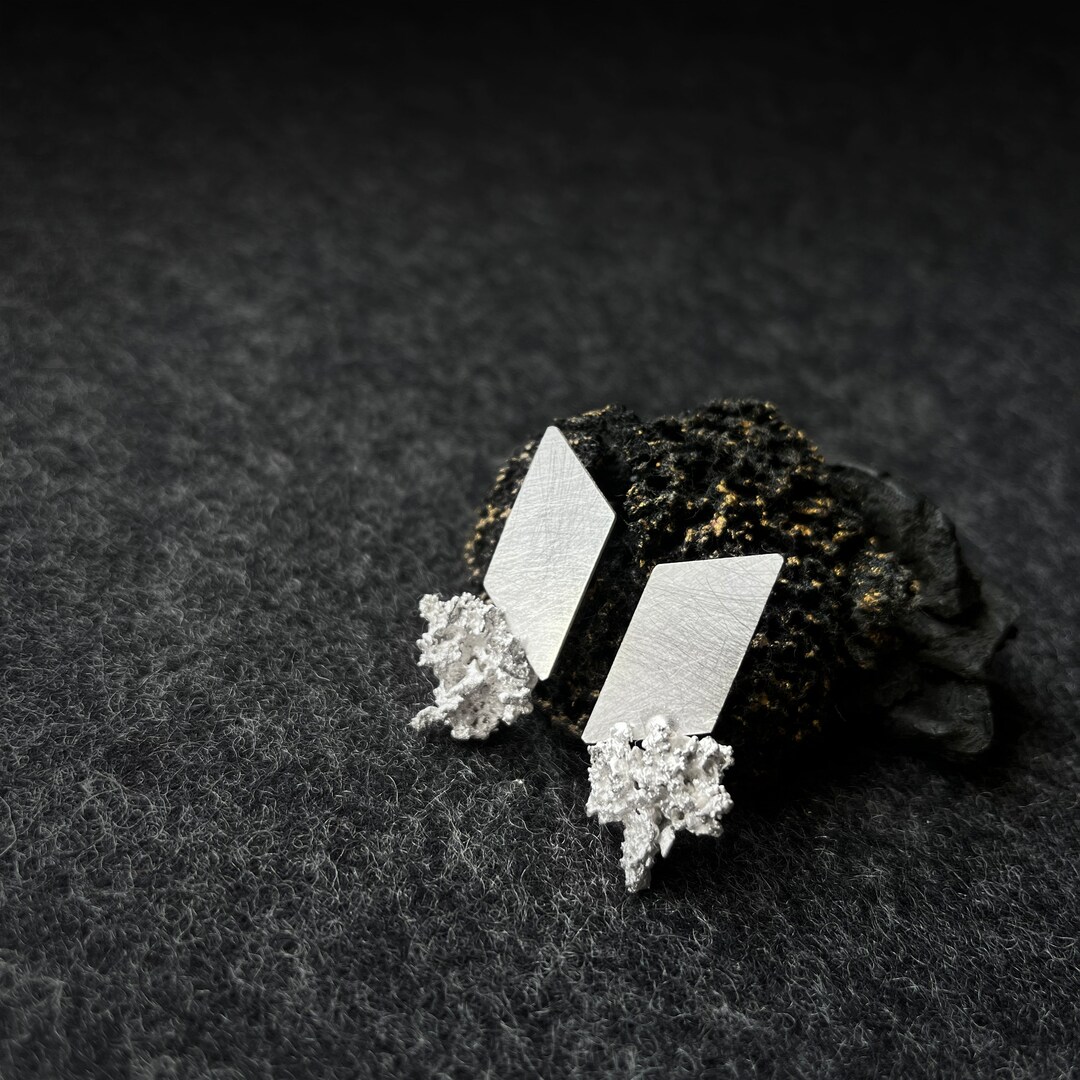 Geometric Silver Earrings, Natural, Geometric Stud Earrings, Stud ...