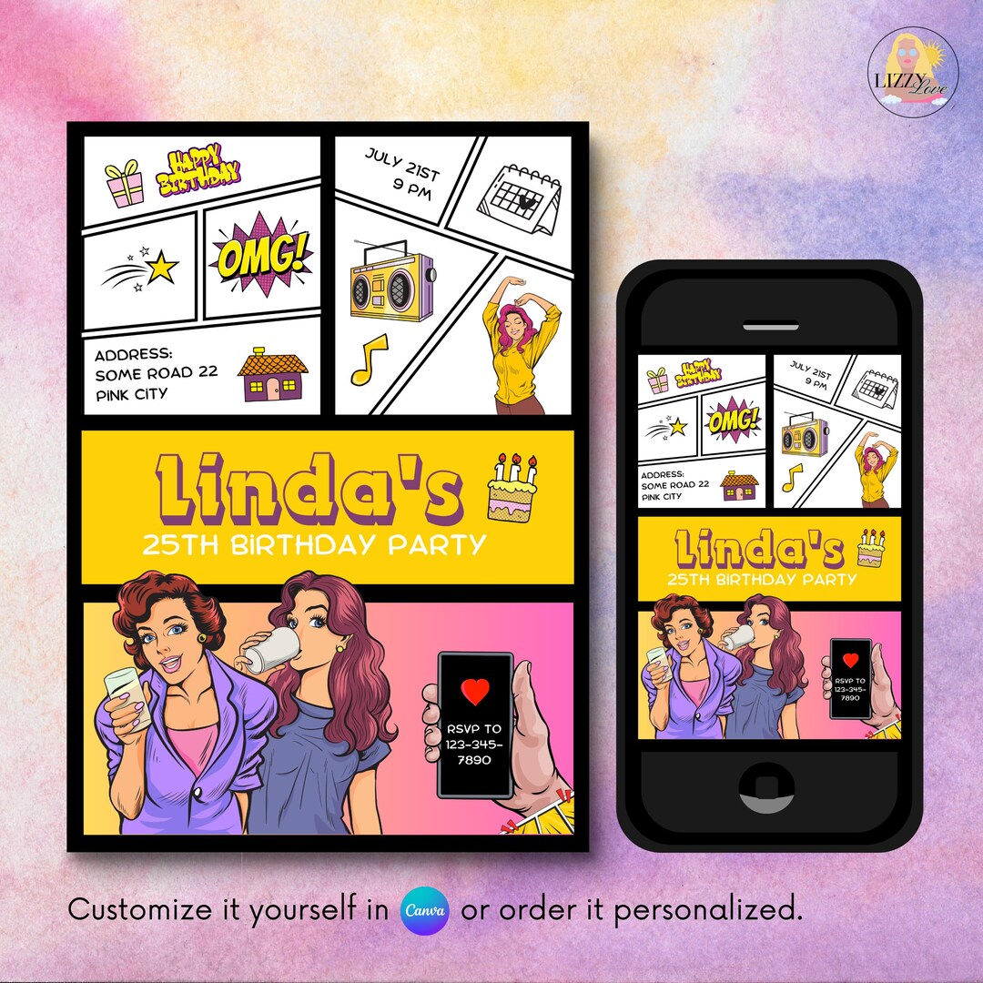 Retro Comic Pop Art Birthday Invitation | Personalized Digital Download ...