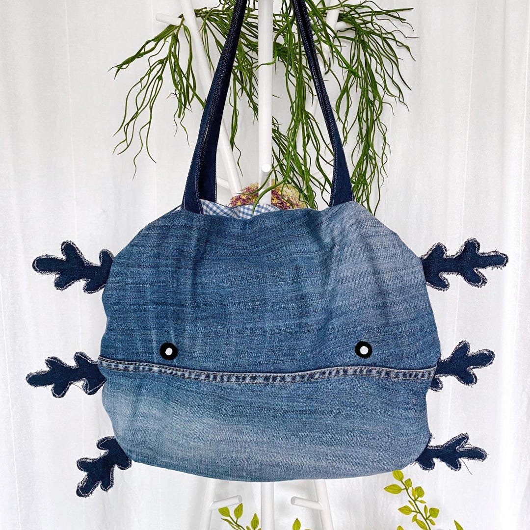 Upcycled Axolotl Shoulder Bag; Tote Denim Reworked Hand-embroidery ...