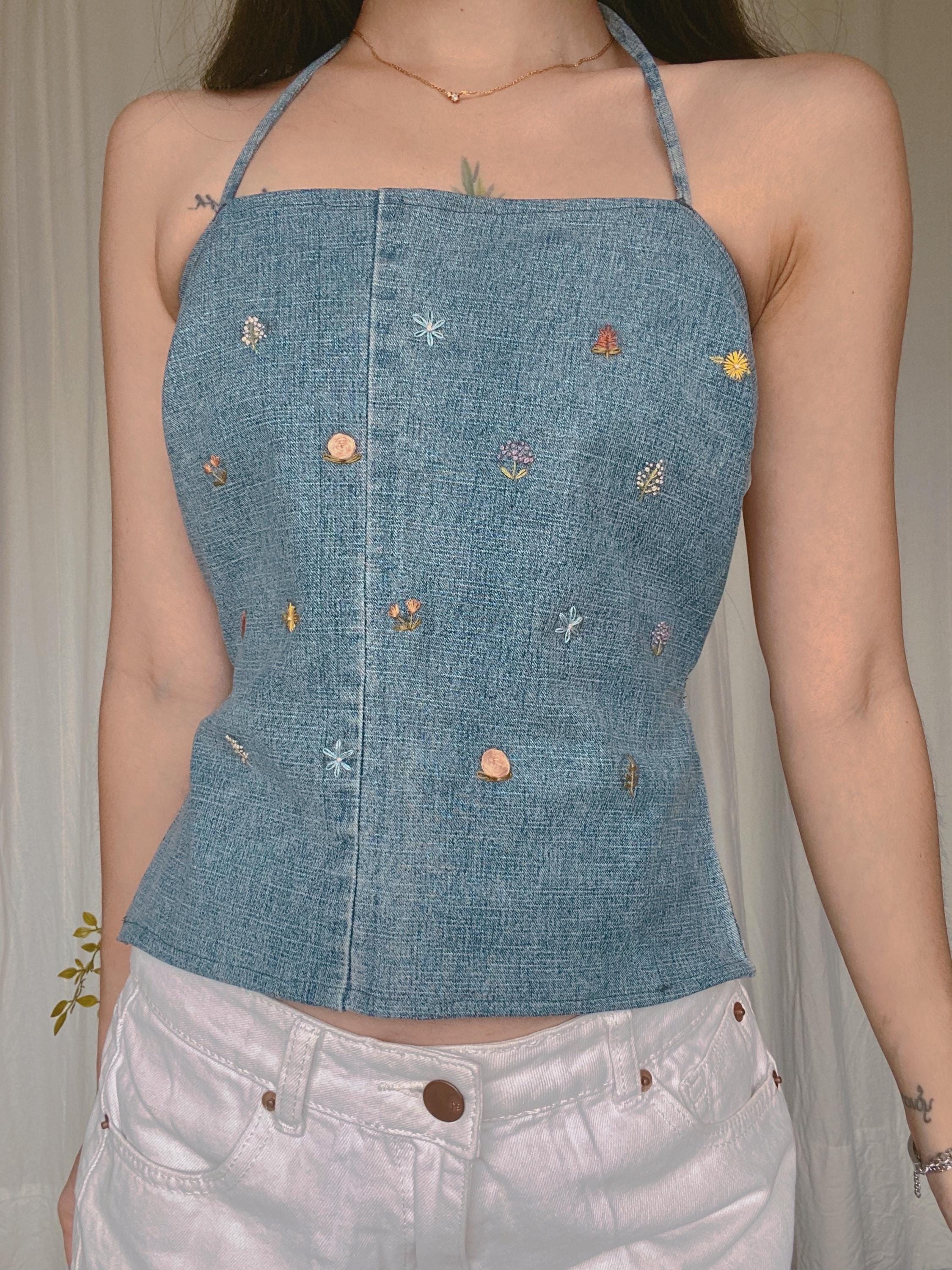 Handmade Upcycled Denim Halter Top: Embroidered Floral Self-tie - Etsy