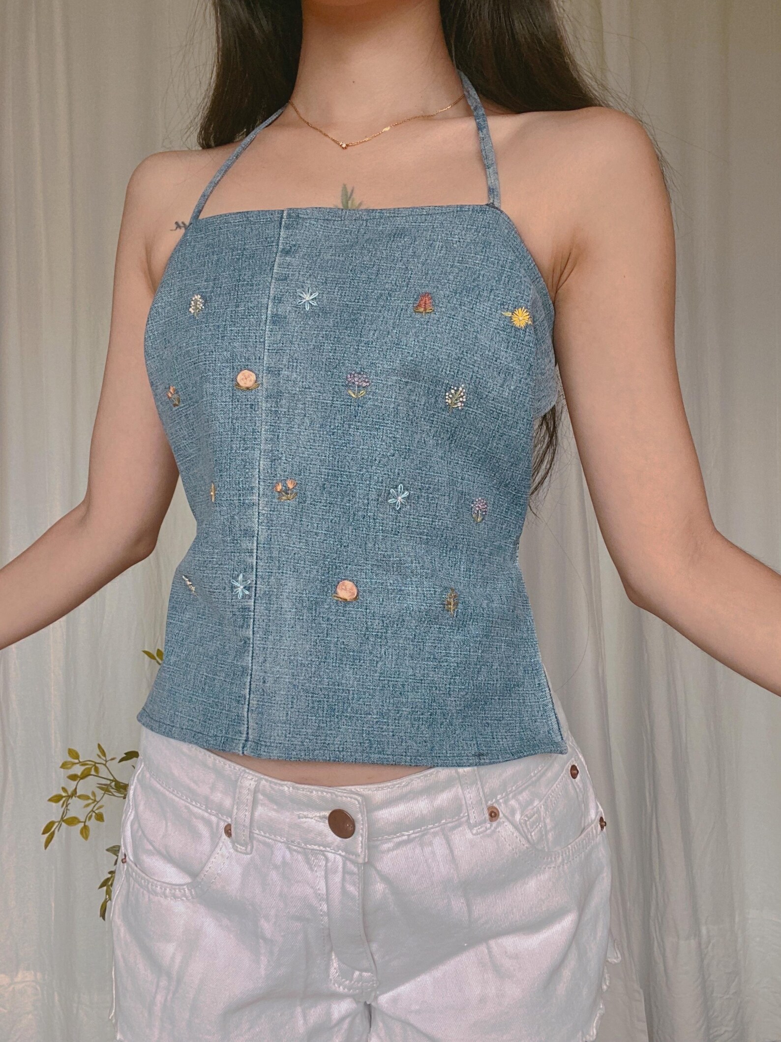 Handmade Upcycled Denim Halter Top: Embroidered Floral Self-tie - Etsy