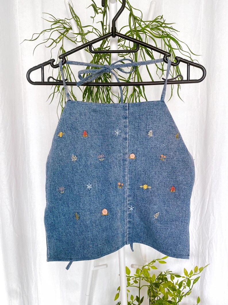 Handmade Upcycled Denim Halter Top: Embroidered Floral Self-tie - Etsy
