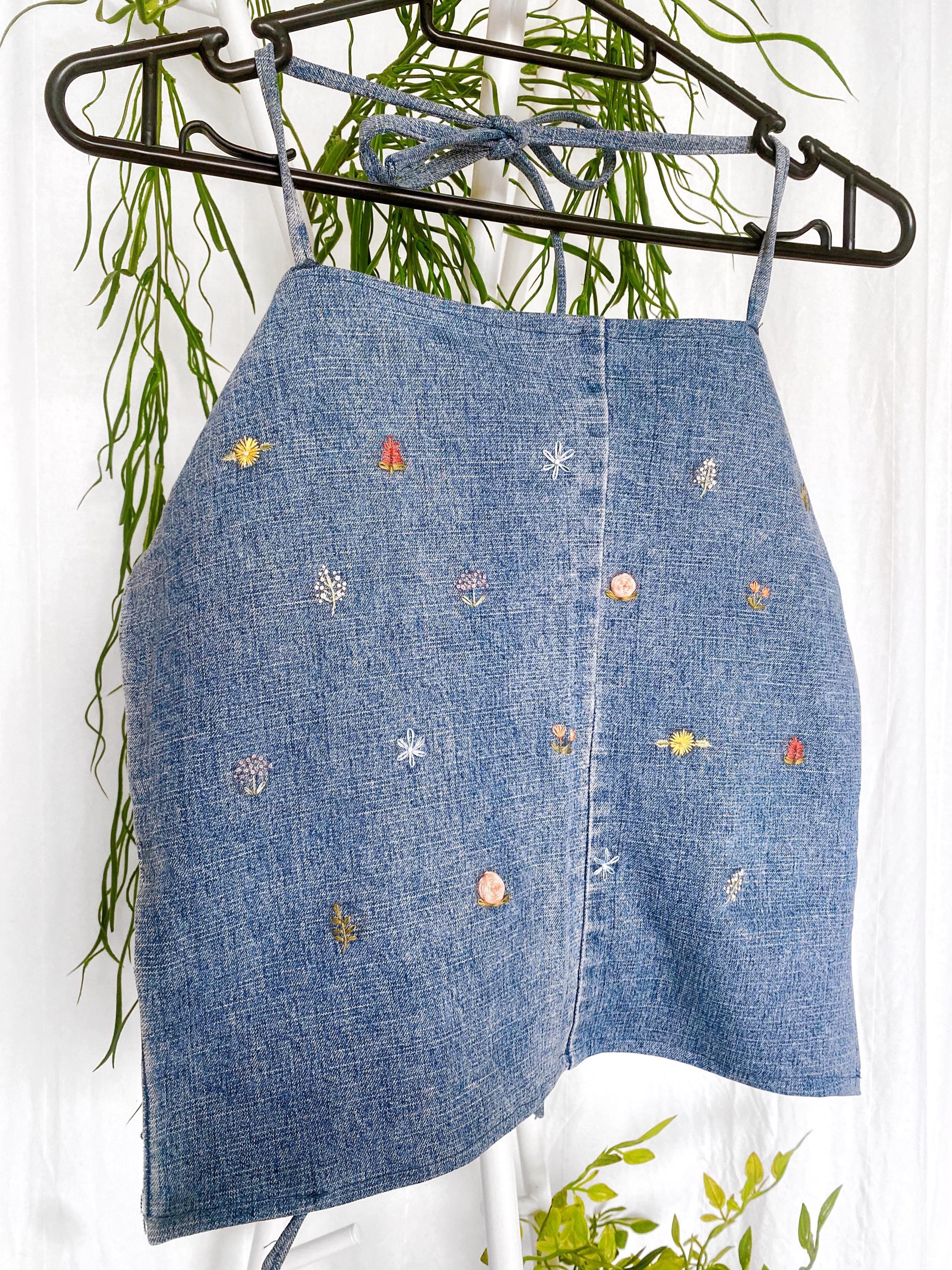 Handmade Upcycled Denim Halter Top: Embroidered Floral Self-tie - Etsy