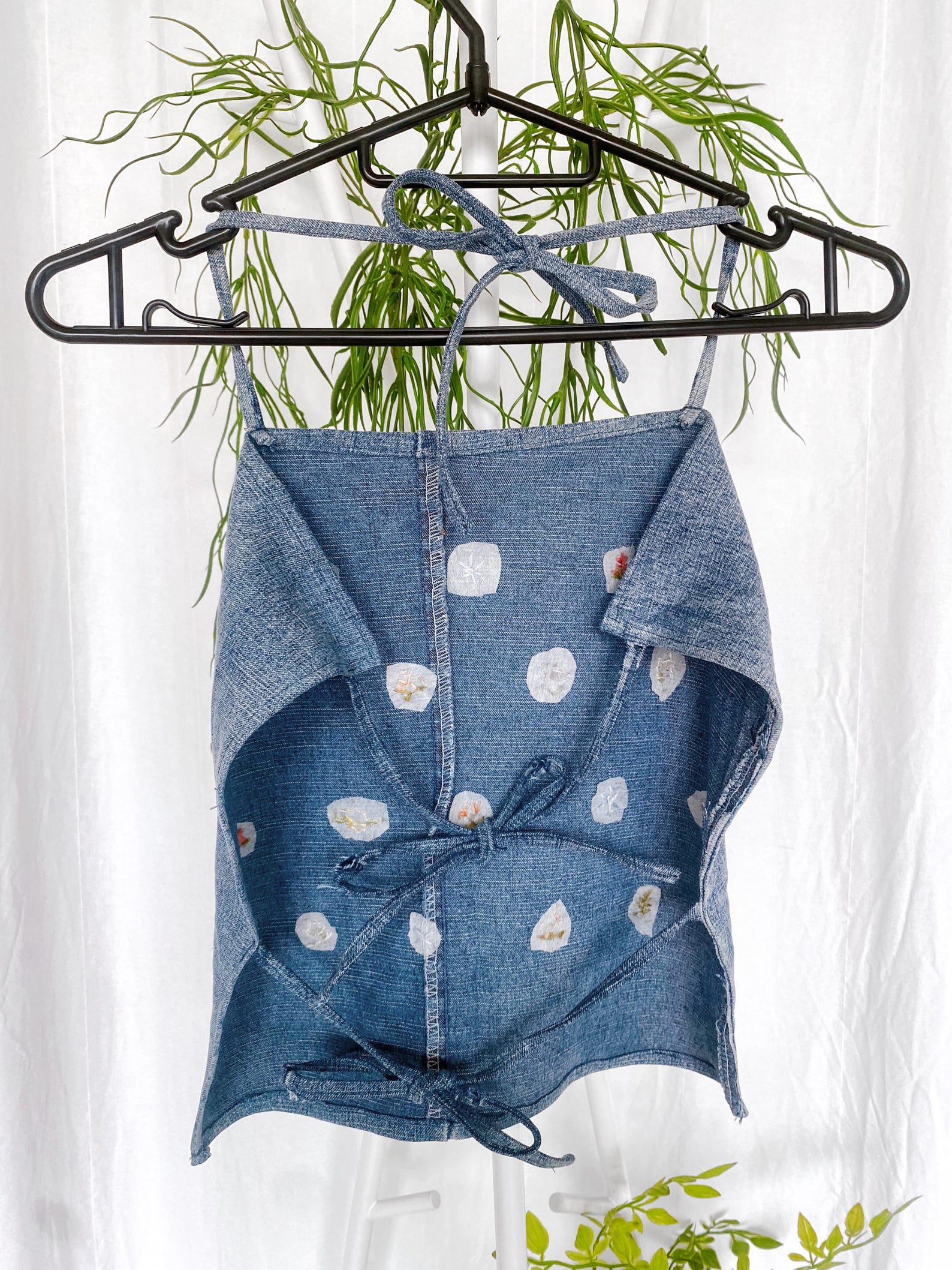 Handmade Upcycled Denim Halter Top: Embroidered Floral Self-tie - Etsy