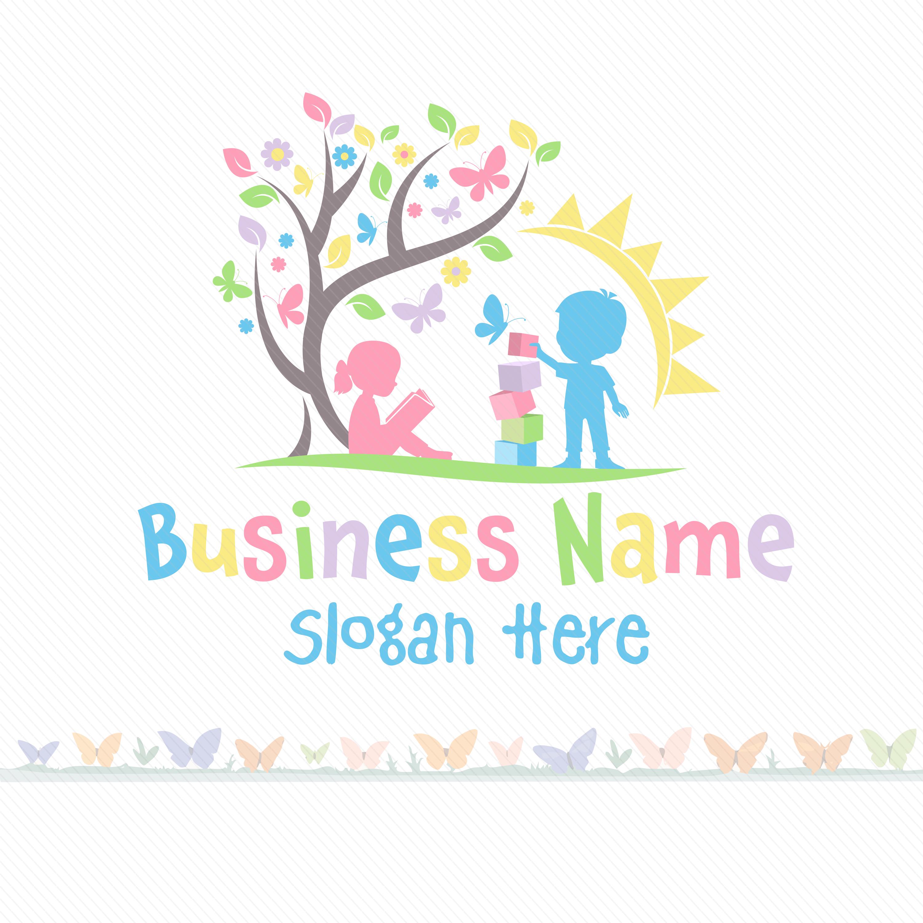 Tree and Sun Kids Logo Playful Children Butterflies Preschool Daycare ...