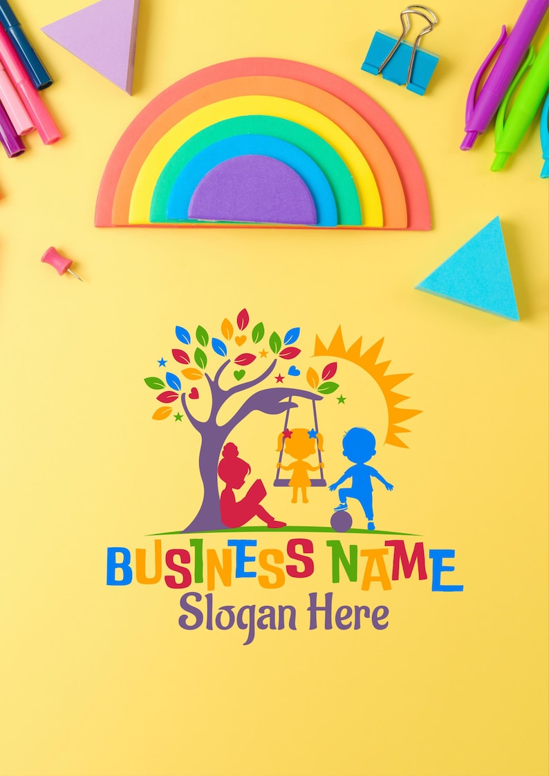 Colorful Kids Education Logo Playground Tree Preschool Daycare Learning ...