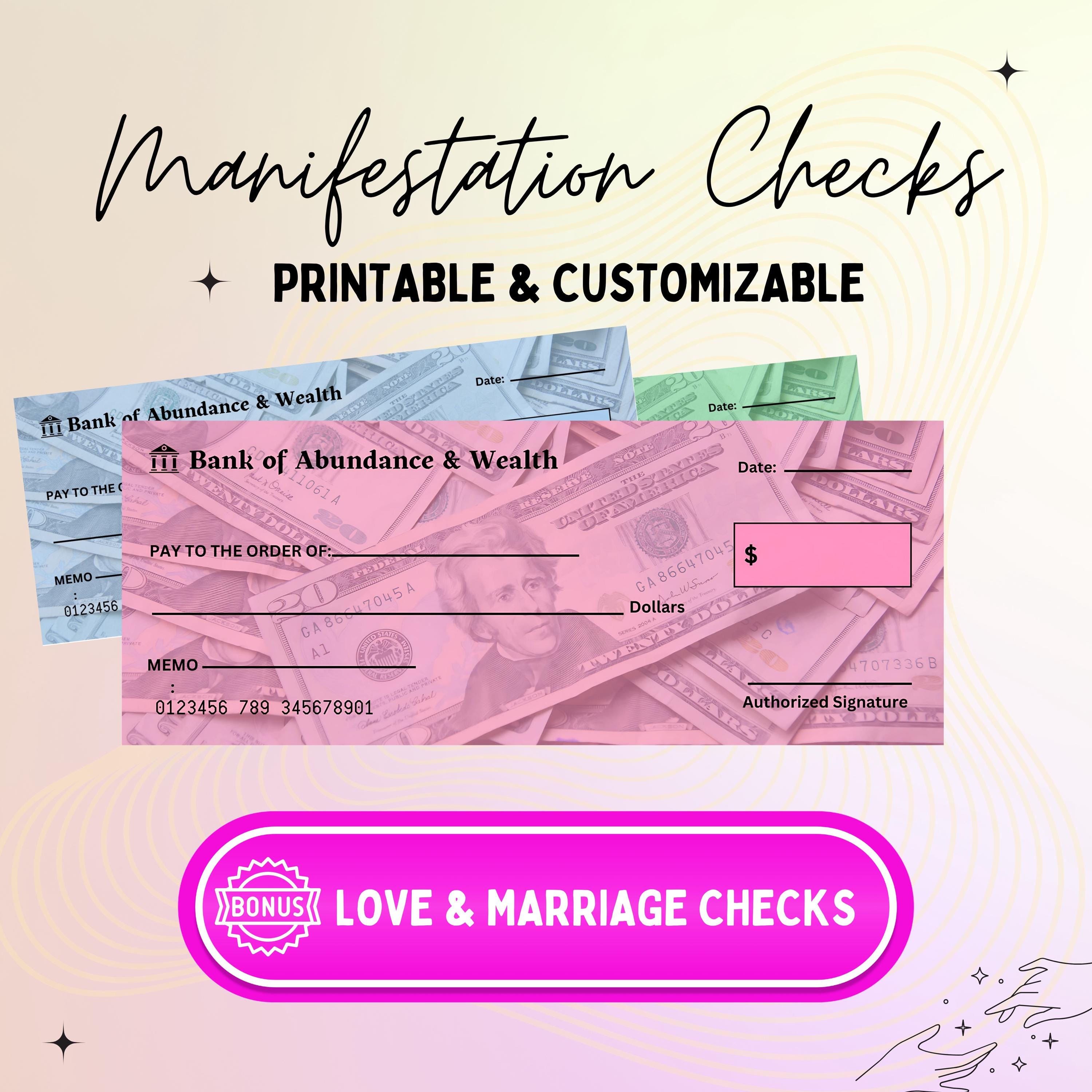Manifestation Checks Printable, Law of Attraction, Bank of Love ...