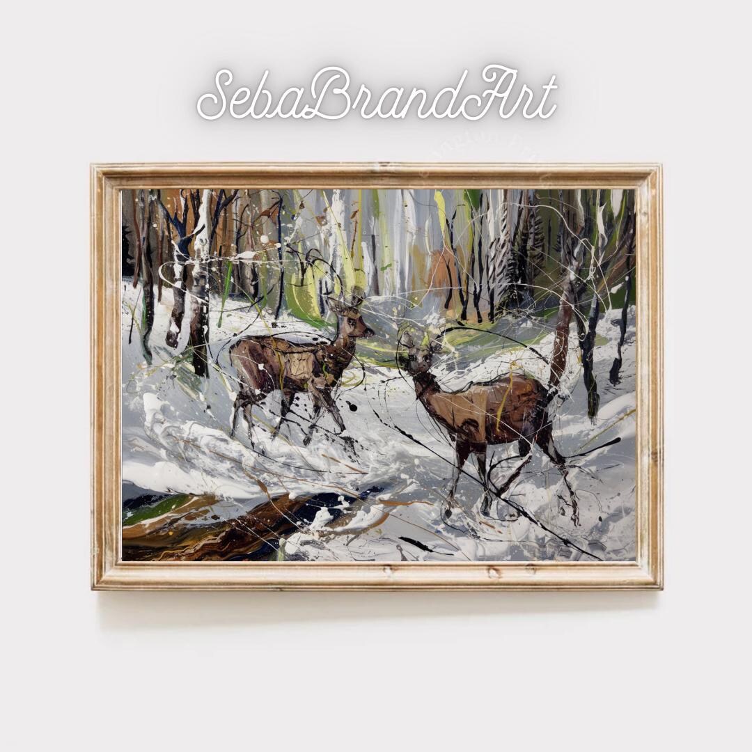Jackson Pollock Style Abstract Winter Deer in Snowy Forest Dynamic ...