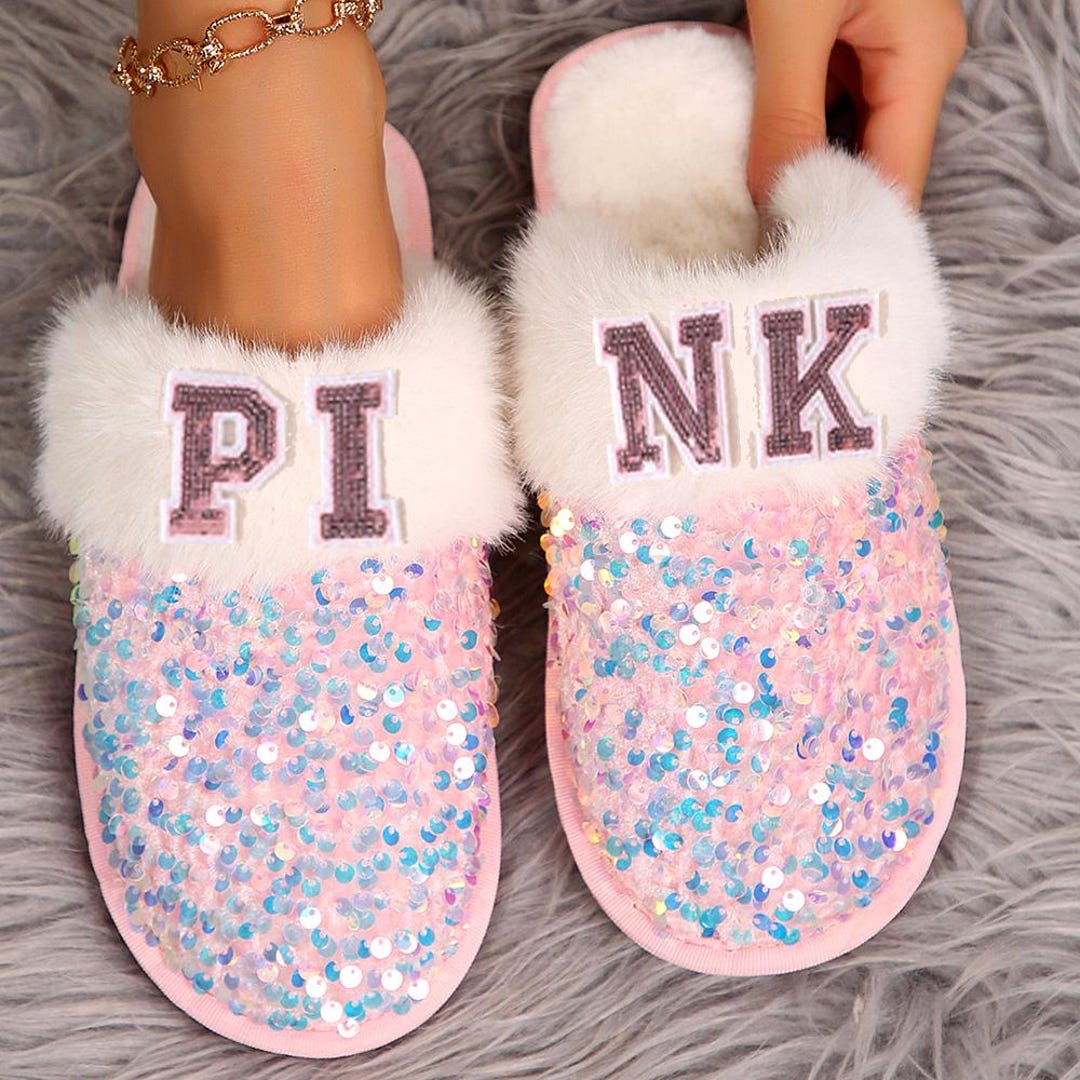 Custom Fuzzy Slippers Chenille Letter Patches Wrap Around Design ...