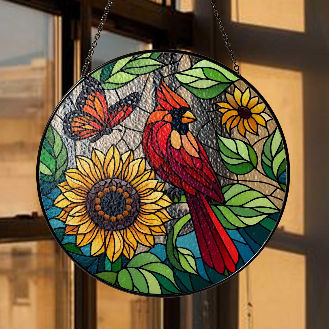 Red Cardinal and Sunflower Glass Suncatcher, Red Cardinal Ornament ...