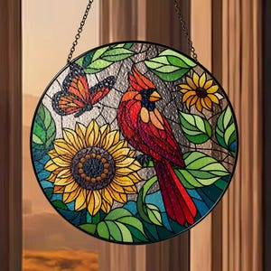 Red Cardinal and Sunflower Glass Suncatcher, Red Cardinal Ornament ...
