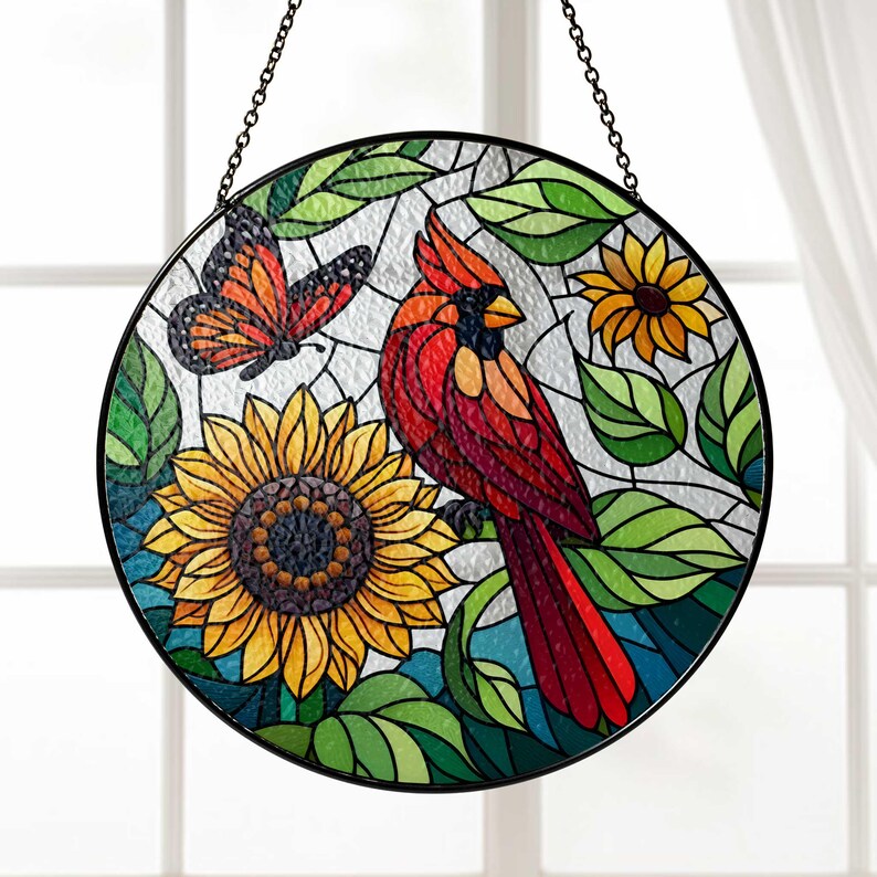 Red Cardinal and Sunflower Glass Suncatcher, Red Cardinal Ornament ...
