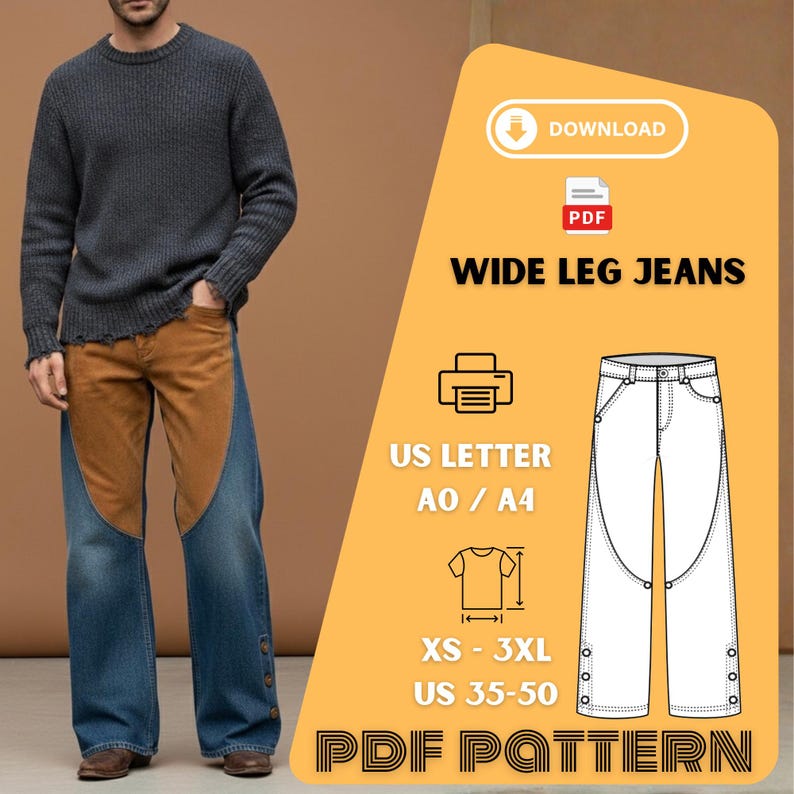 Wide Leg Jeans Sewing Pattern PDF – Flared Pants A0 A4 US Letter | XS ...