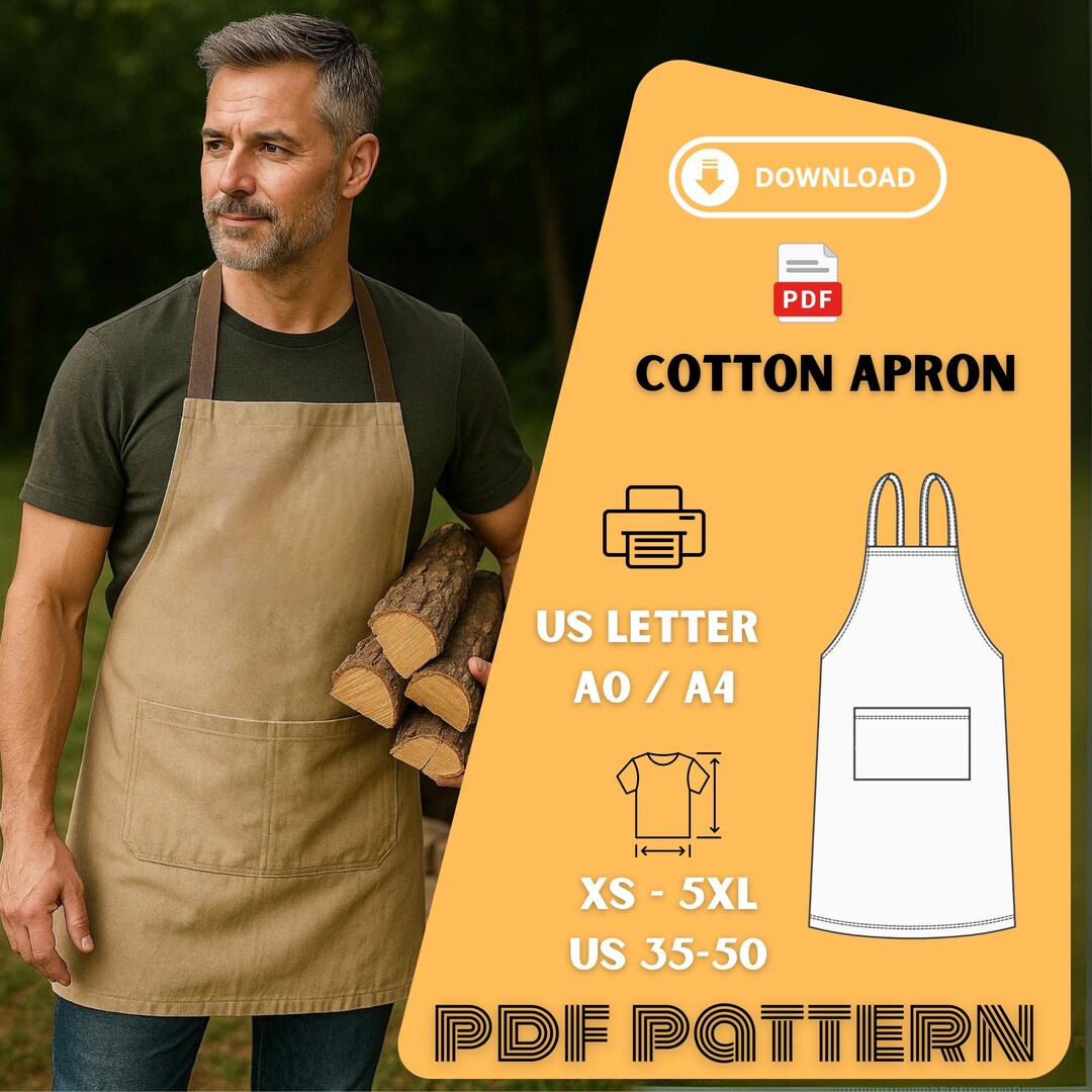 Classic Kitchen Apron Sewing Pattern PDF: XS-5XL, US Letter & A0 ...