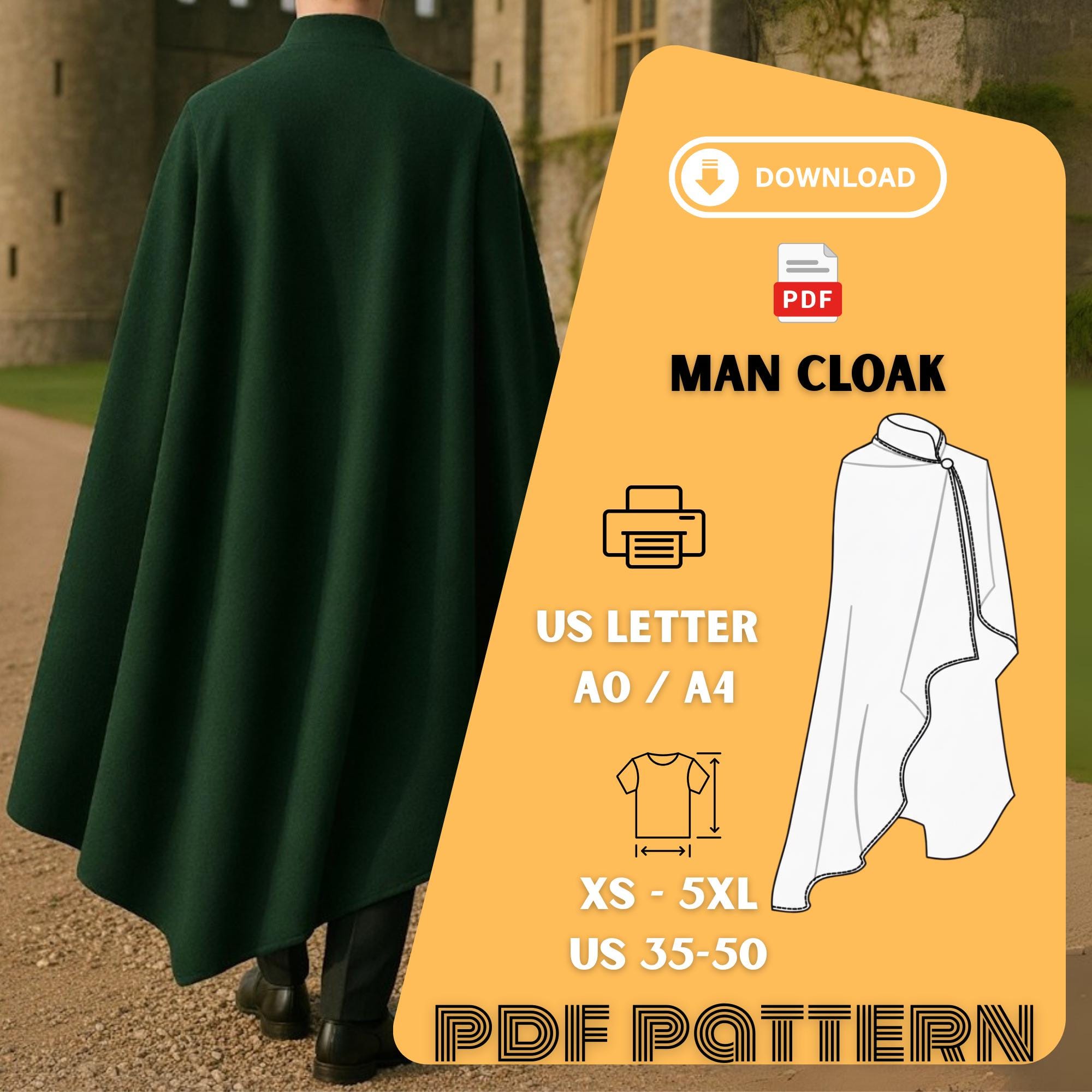 Men's Cloak Sewing Pattern: Renaissance Cosplay Cape (PDF Download, XS ...