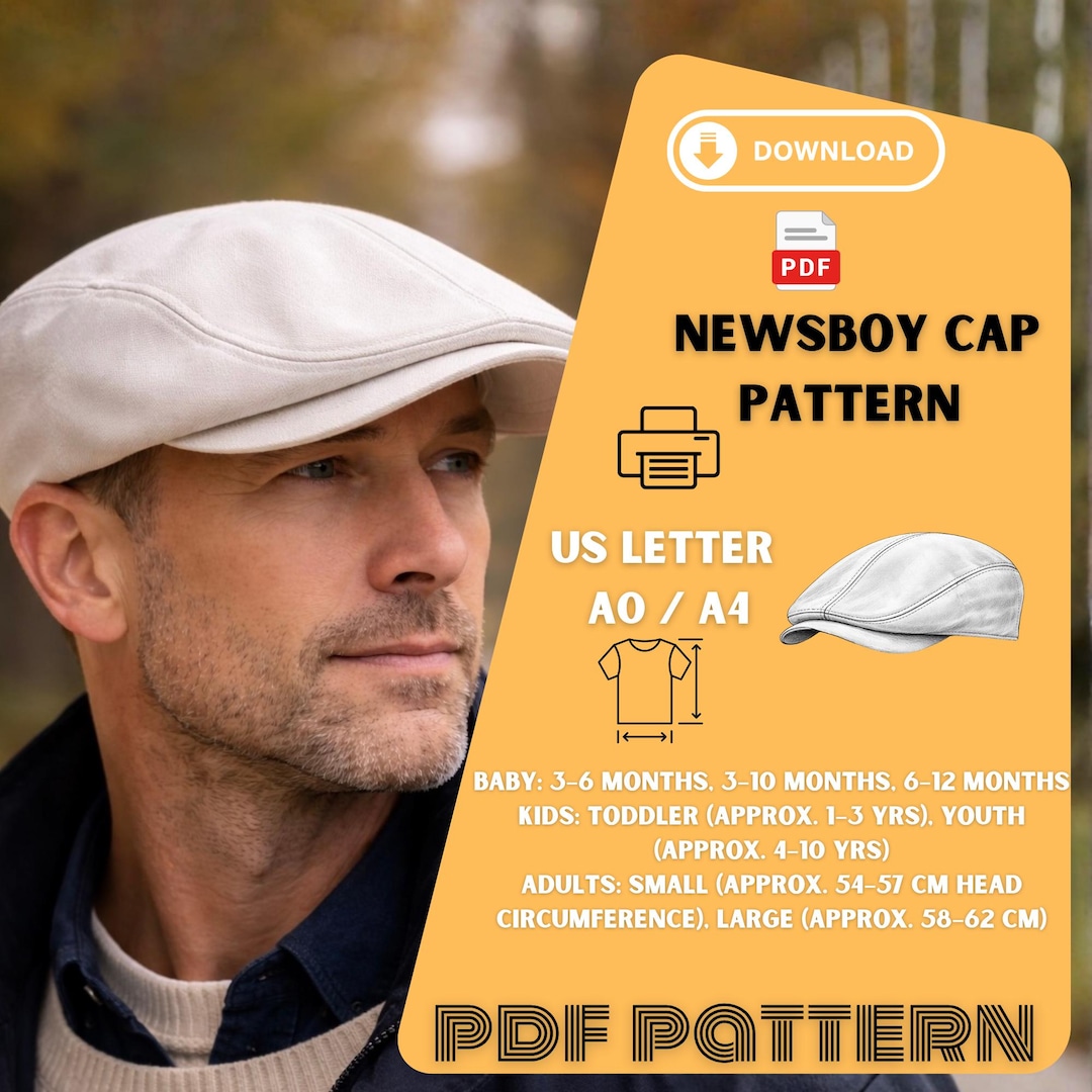 Newsboy Cap Sewing Pattern PDF Flat Cap Template Printable Multi Size ...