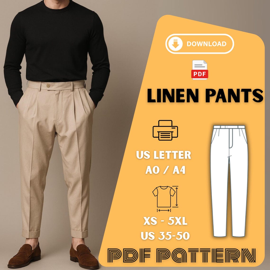 Men's Linen Pants Sewing Pattern: Tailored Trousers XS-5XL (digital ...