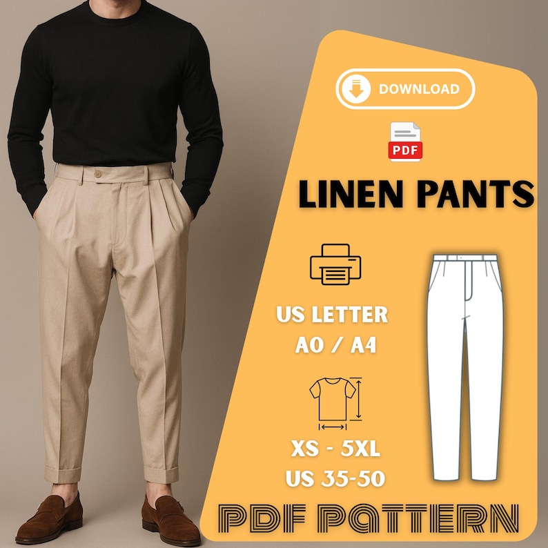 Men's Linen Pants Sewing Pattern: Tailored Trousers XS-5XL (digital ...
