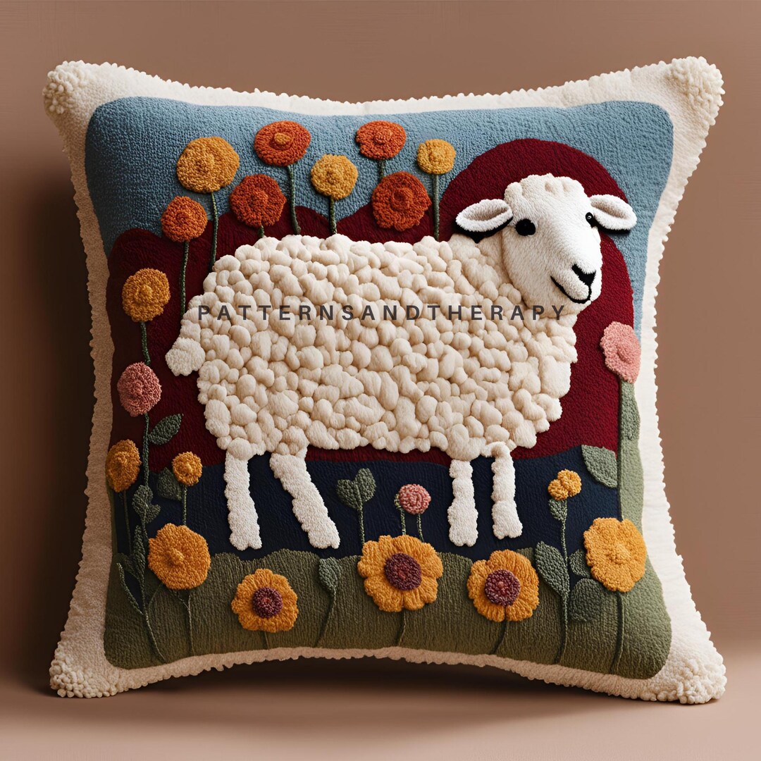 Sheep Motif Punch Needle Embroidery Pattern, Pillow Case, Hand Tufted ...