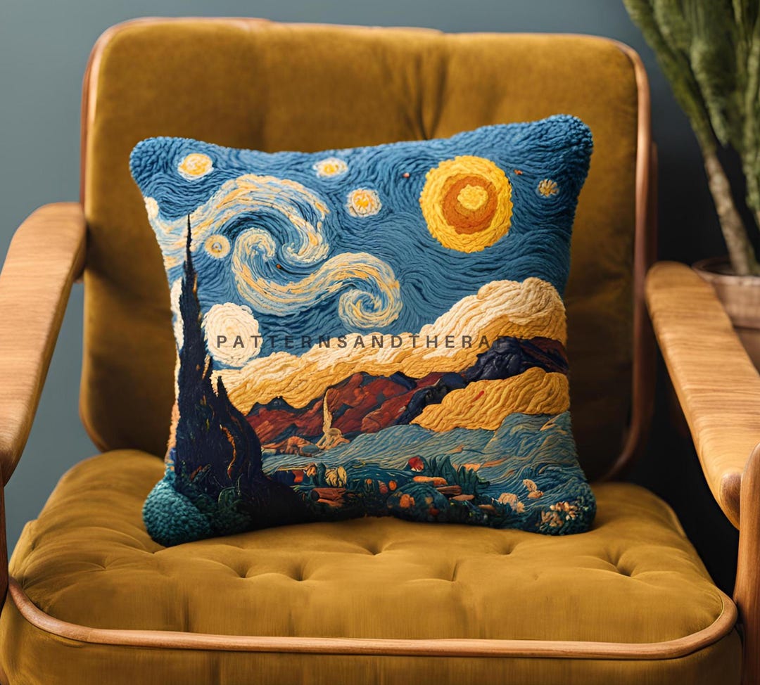 Van Gogh Starry Night Inspired Punch Needle Pattern, DIY Throw Pillow ...