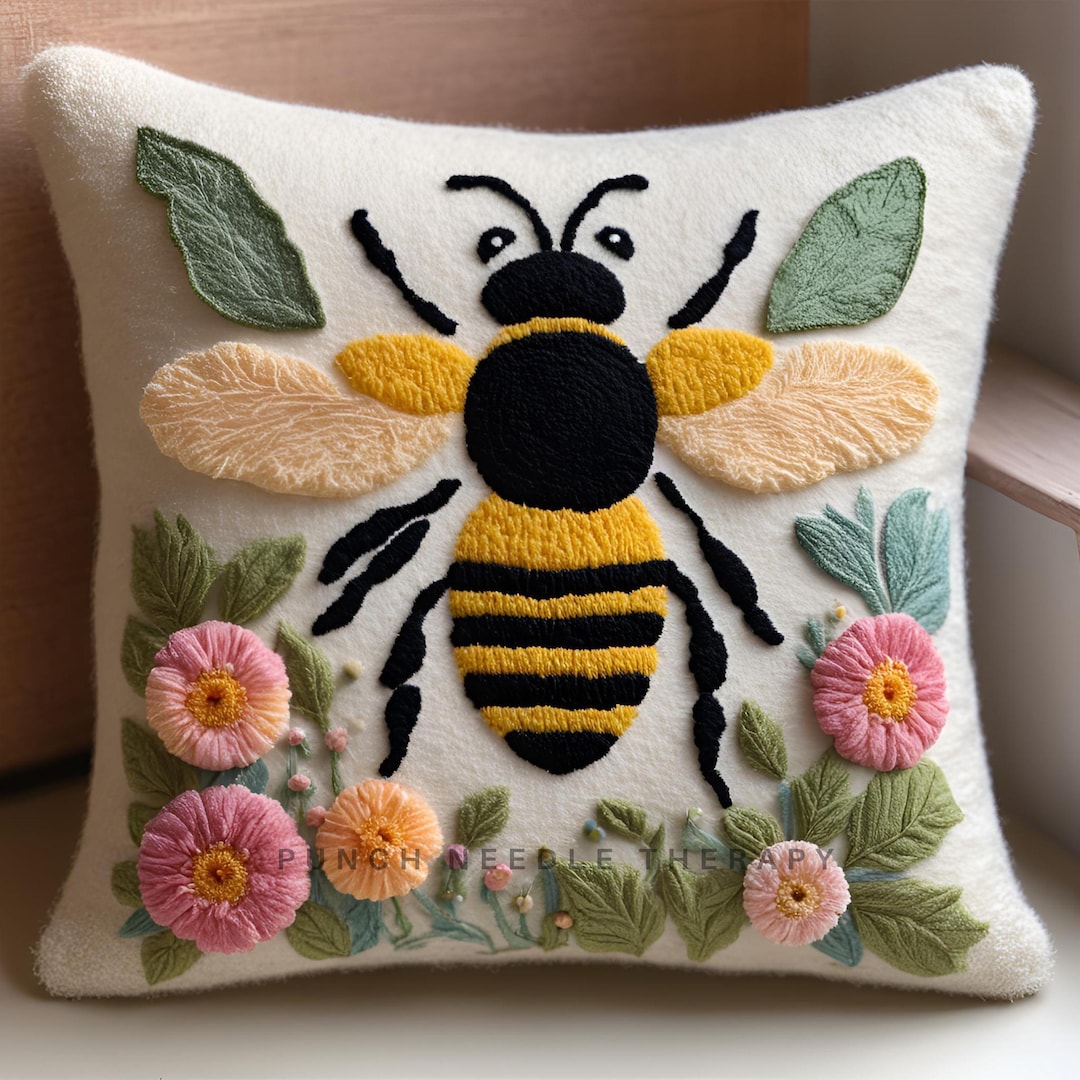 Spring Floral Bumble Bee Motif Punch Needle Pattern, DIY Pillow Case ...
