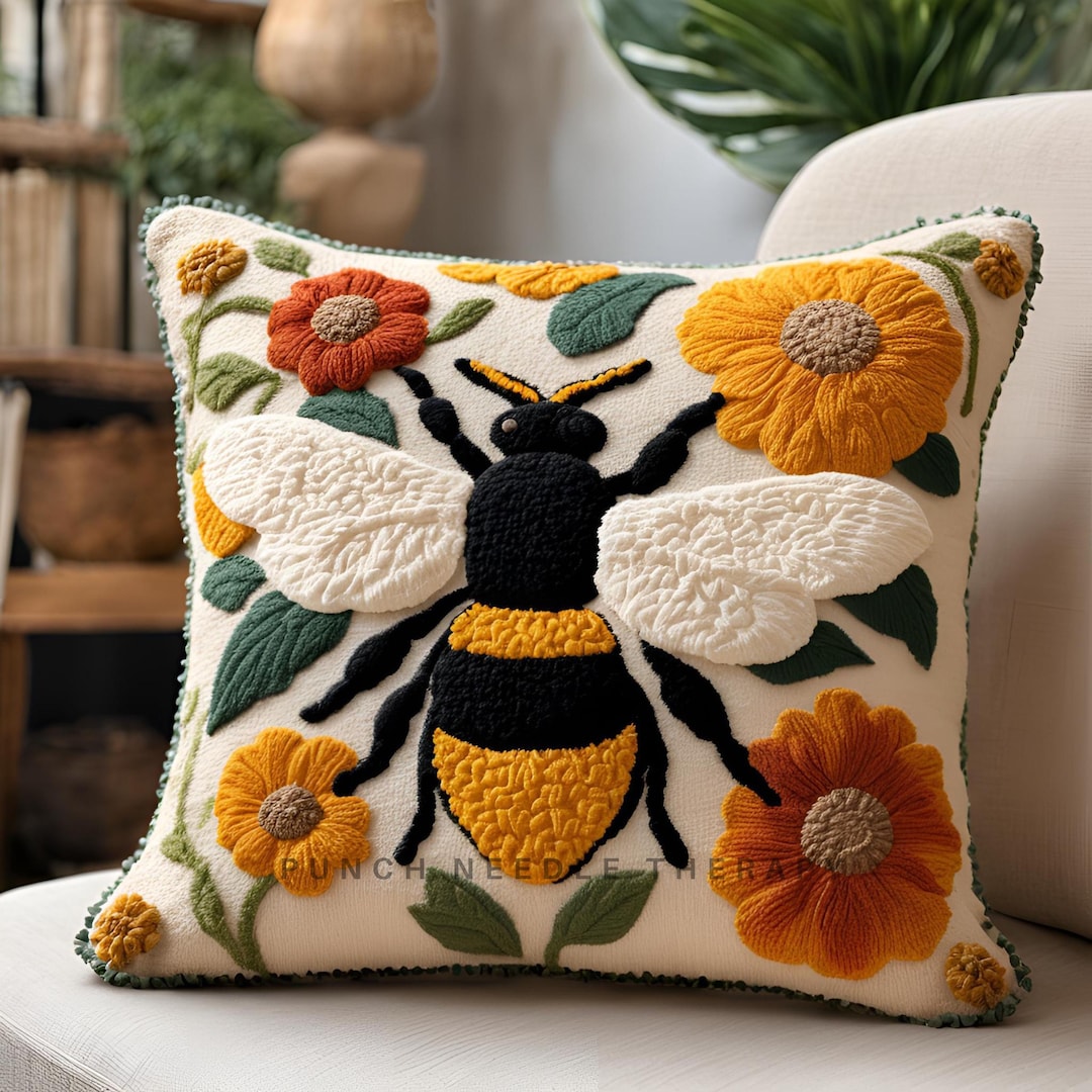 Spring Bumble Bee Punch Needle Pattern, DIY Pillow Case, Hand Tufted ...