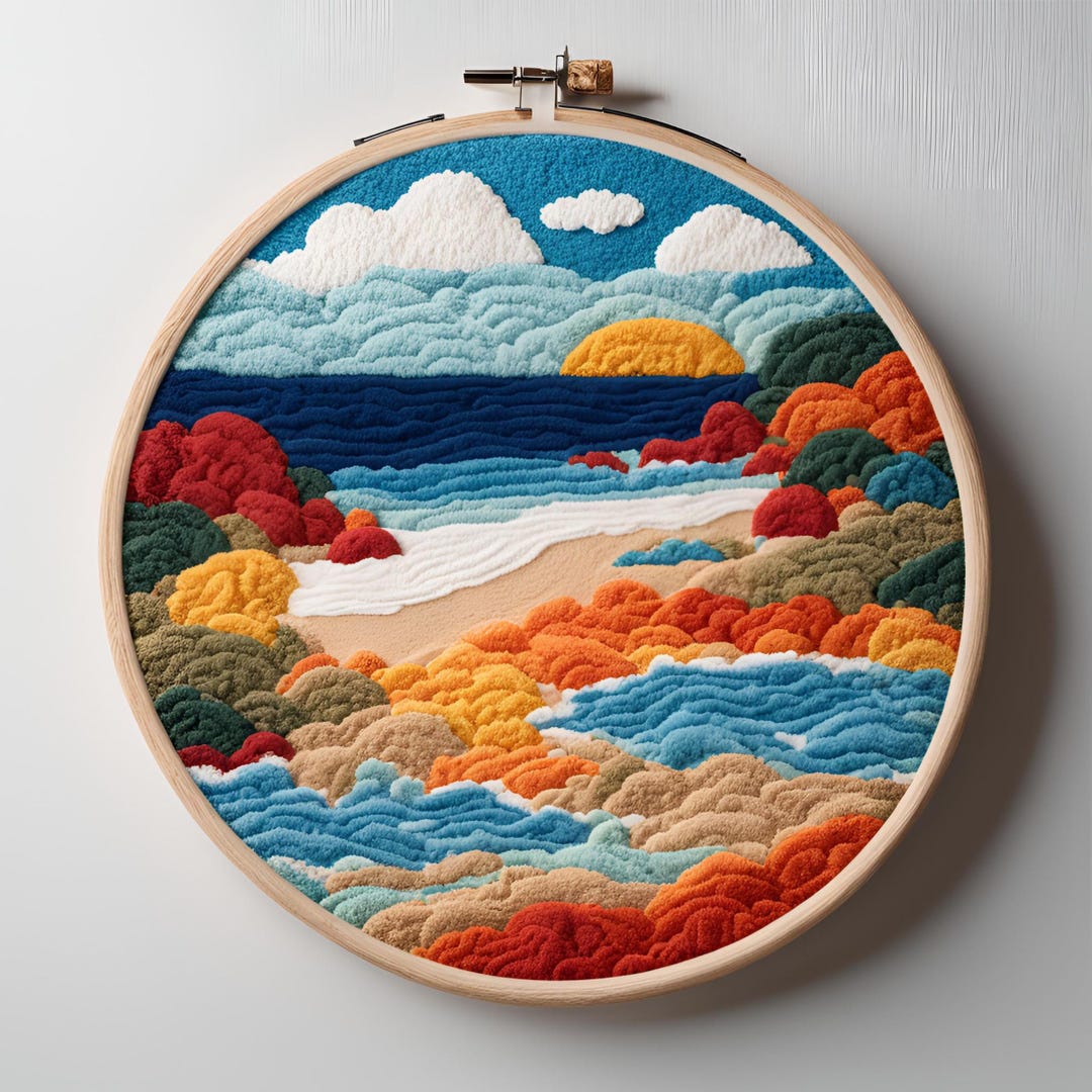 Beach Scenery Punch Needle Hoop Pattern, Summer Sun Sorbet Palette, Sea ...
