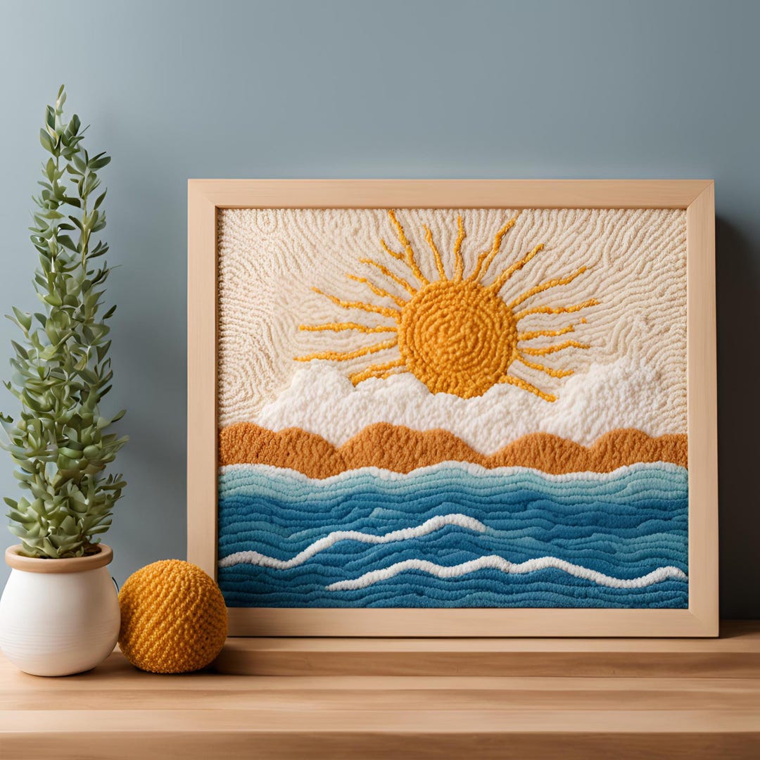 Beach Sunset Scenery Wall Art Punch Needle Pattern, Punch Rug Design ...