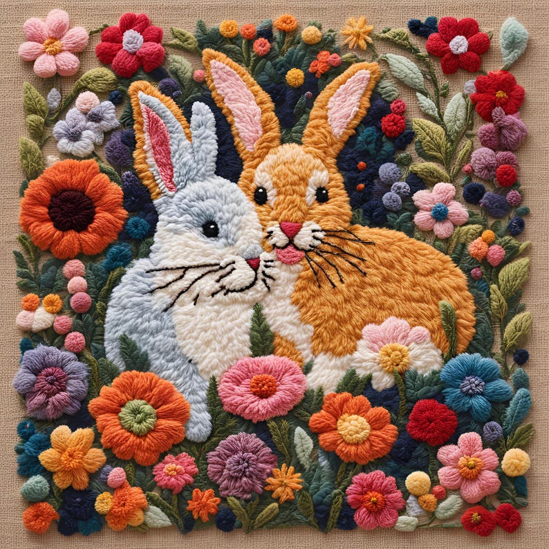 Flower Easter Bunny Punch Needle Pattern, DIY Pillow Case, Hand Tufted ...