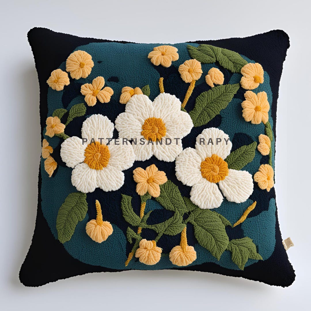 Jasmine Flower Motif Punch Needle Embroidery Pattern Template, Pillow ...