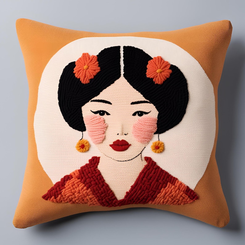 Geisha Girl Portrait Floral Pillow Case Punch Needle Pattern, DIY ...