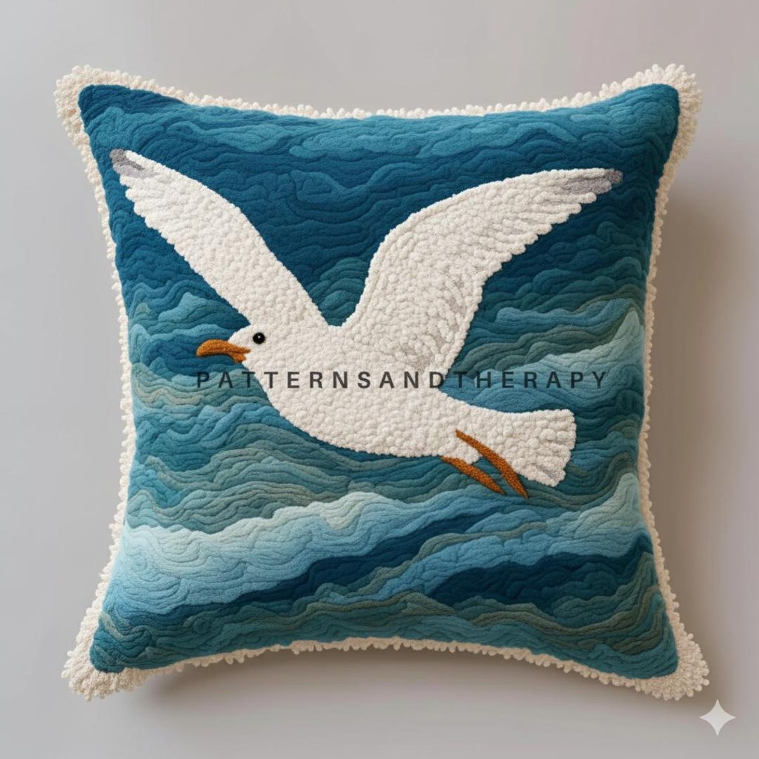 Seagull Motif Punch Needle Embroidery Pattern, Pillow Case, Hand Tufted ...
