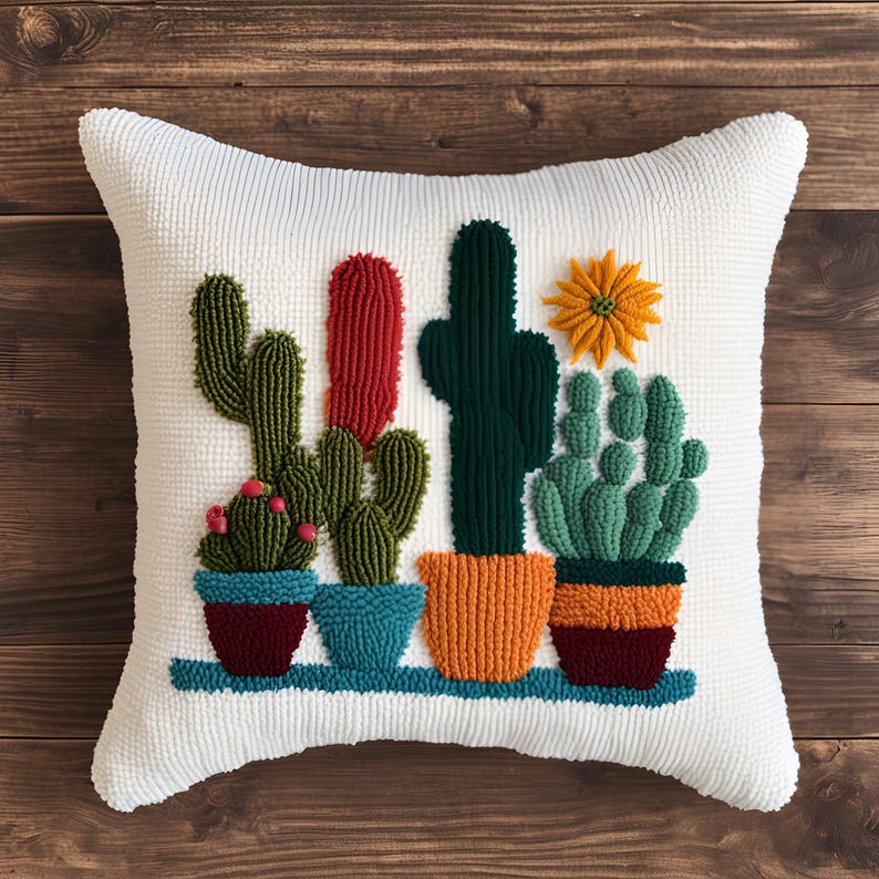 Cactus Pillow Case Punch Needle Pattern, DIY Cushion Cover Craft, Hand ...