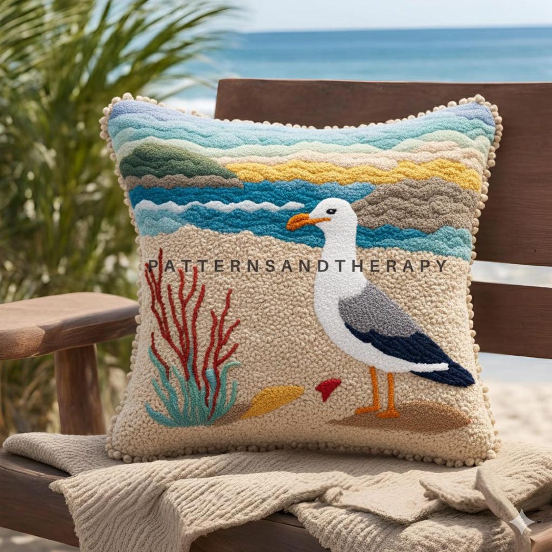 Seagull Motif Punch Needle Embroidery Pattern, Pillow Case, Hand Tufted ...