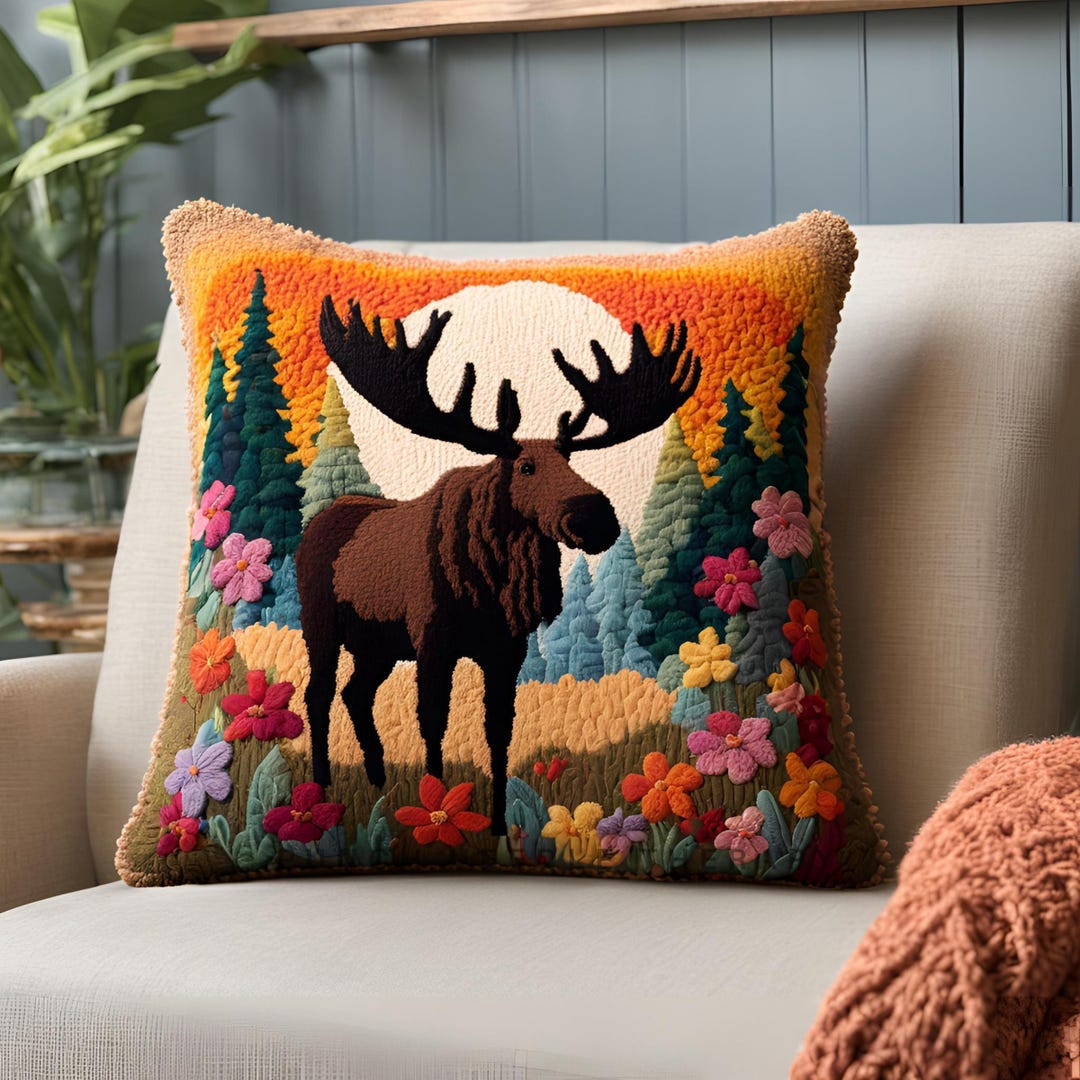 Moose Punch Needle Pattern Template, DIY Pillow Case, Hand Tufted ...