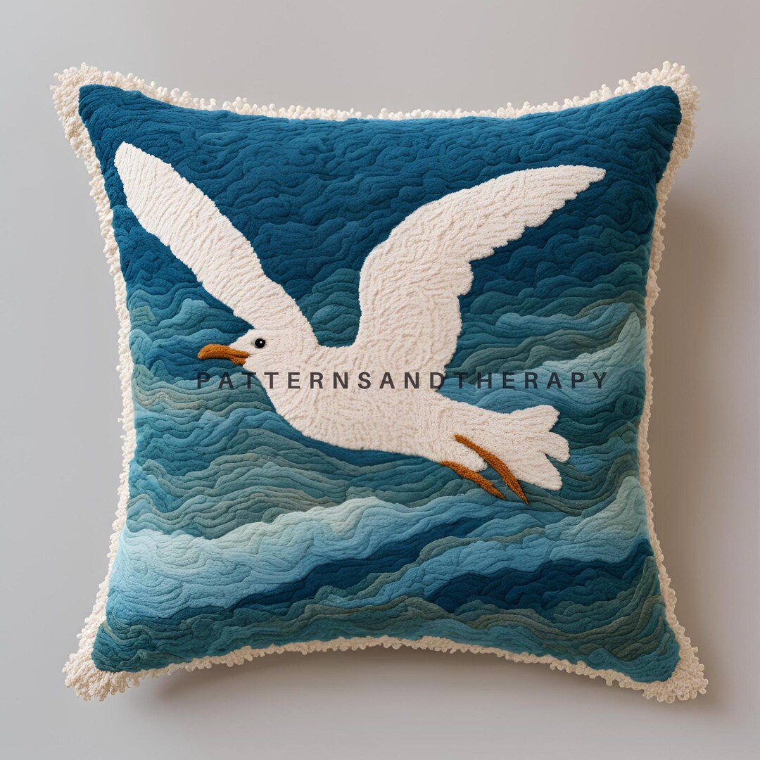 Seagull Motif Punch Needle Embroidery Pattern, Pillow Case, Hand Tufted ...