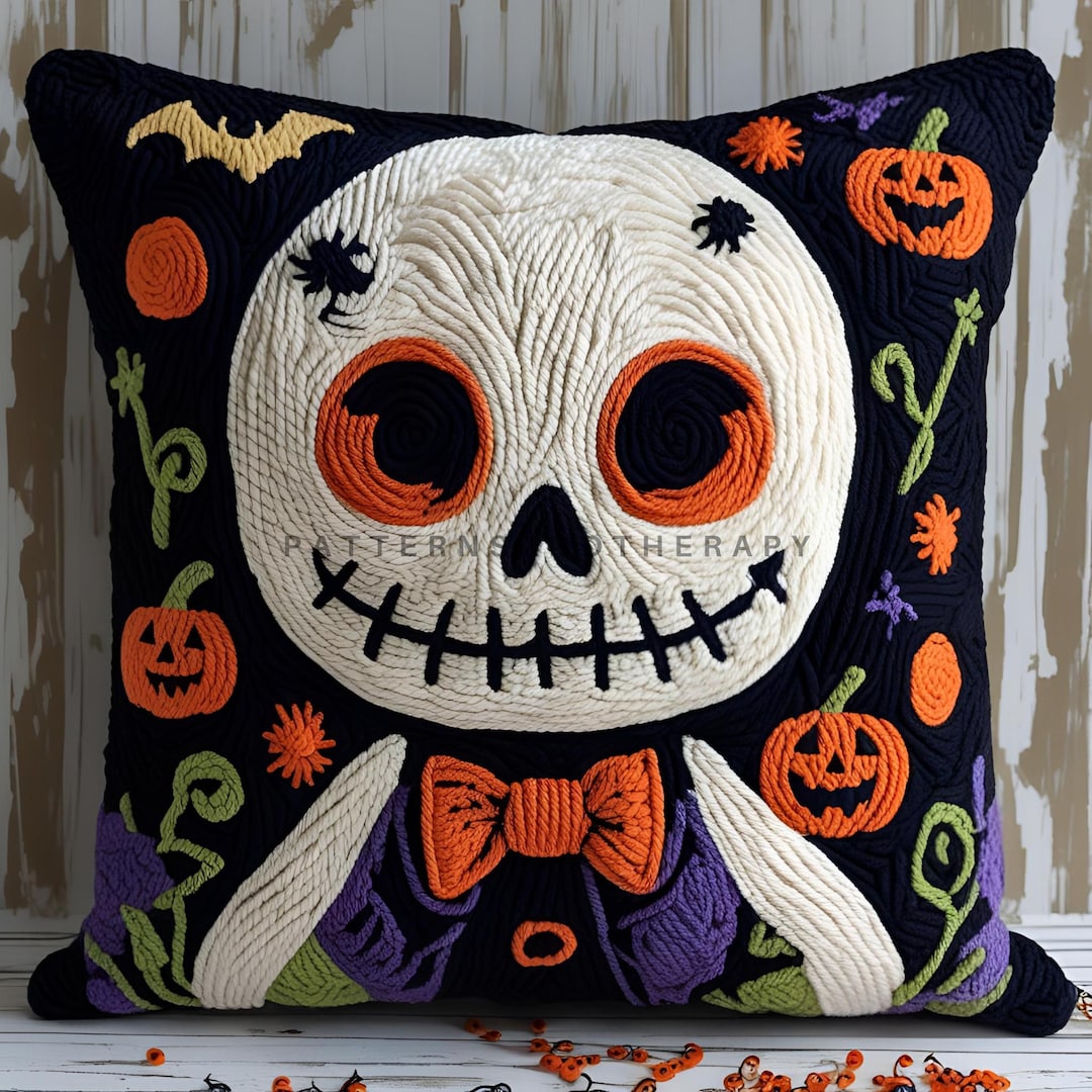 Halloween Creepy Cute Skeleton Punch Needle Pattern, Spoopy Pumpkin Bat ...