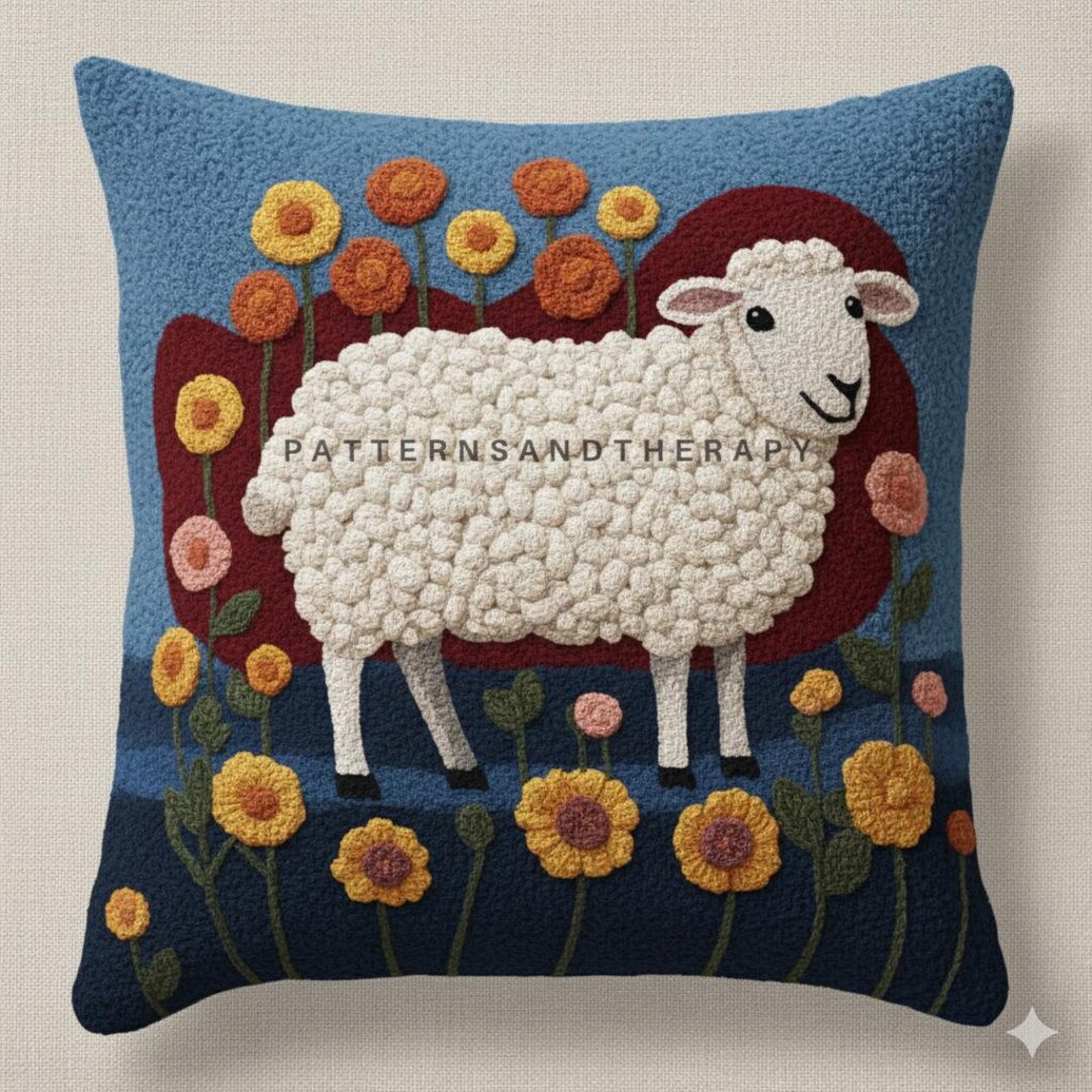 Sheep Motif Punch Needle Embroidery Pattern, Pillow Case, Hand Tufted ...