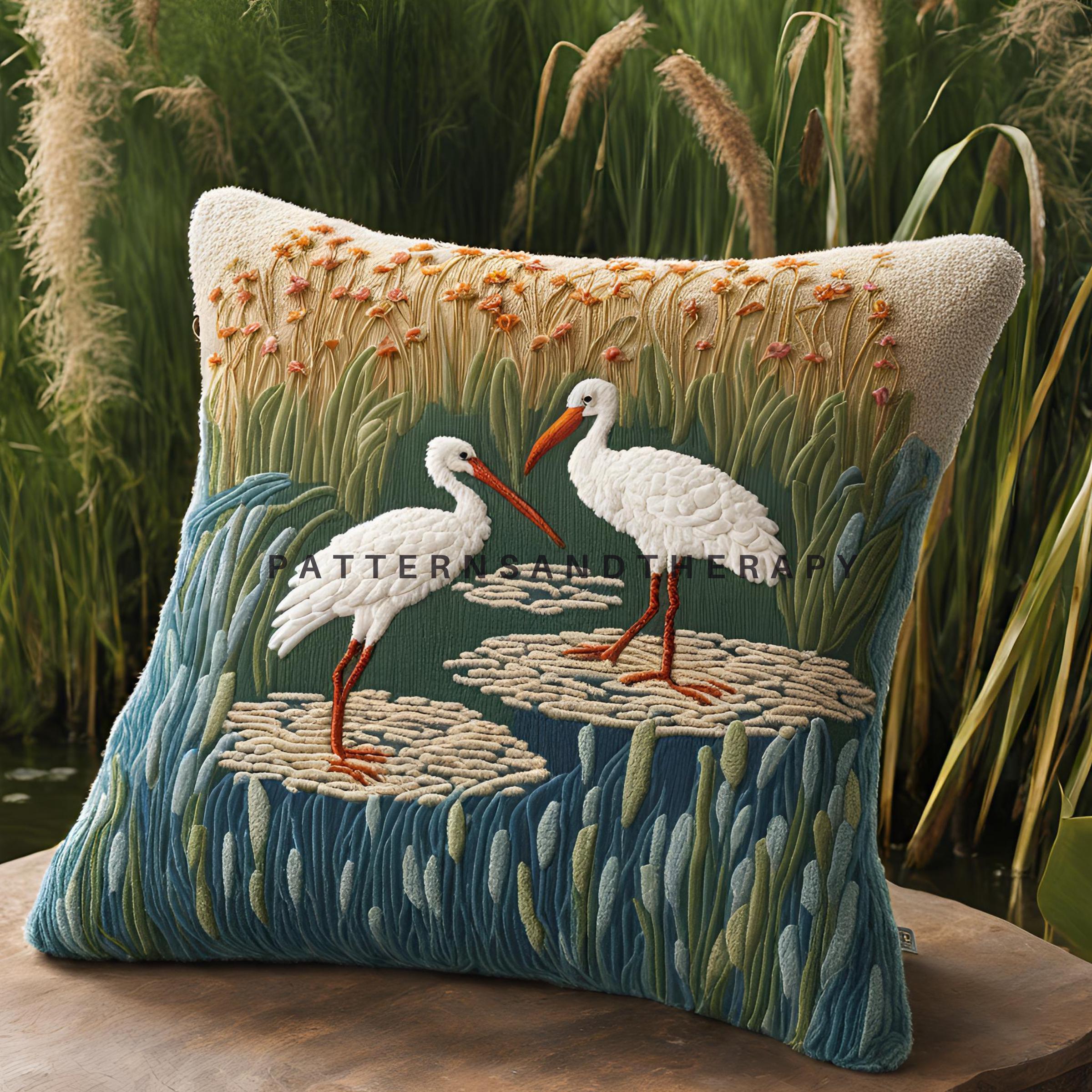 Storks Motif Punch Needle Embroidery Pattern, Pillow Case, Hand Tufted ...