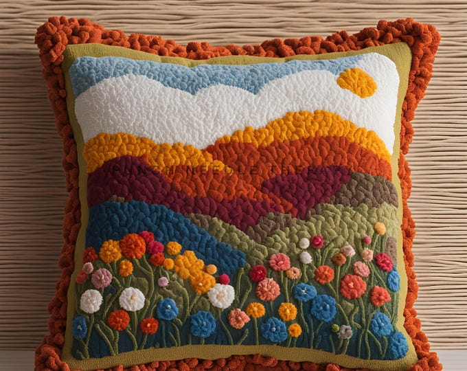 DIY Cushion Cover Punch Needle Pattern, Boho Autumn Floral Motif, Earth ...