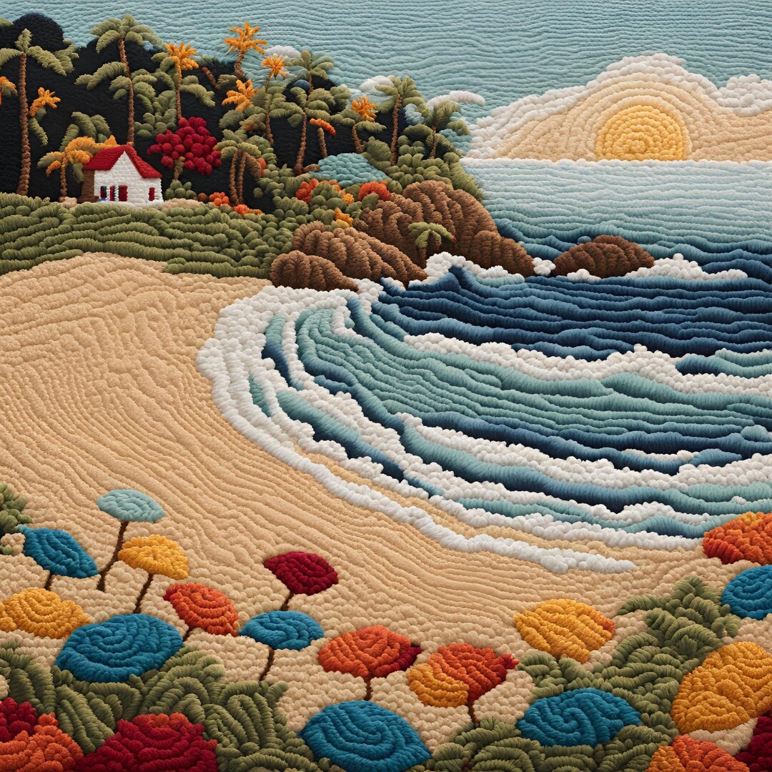 Beach Sunset Scenery Punch Needle Beach Pattern, Cushion Cover Craft ...