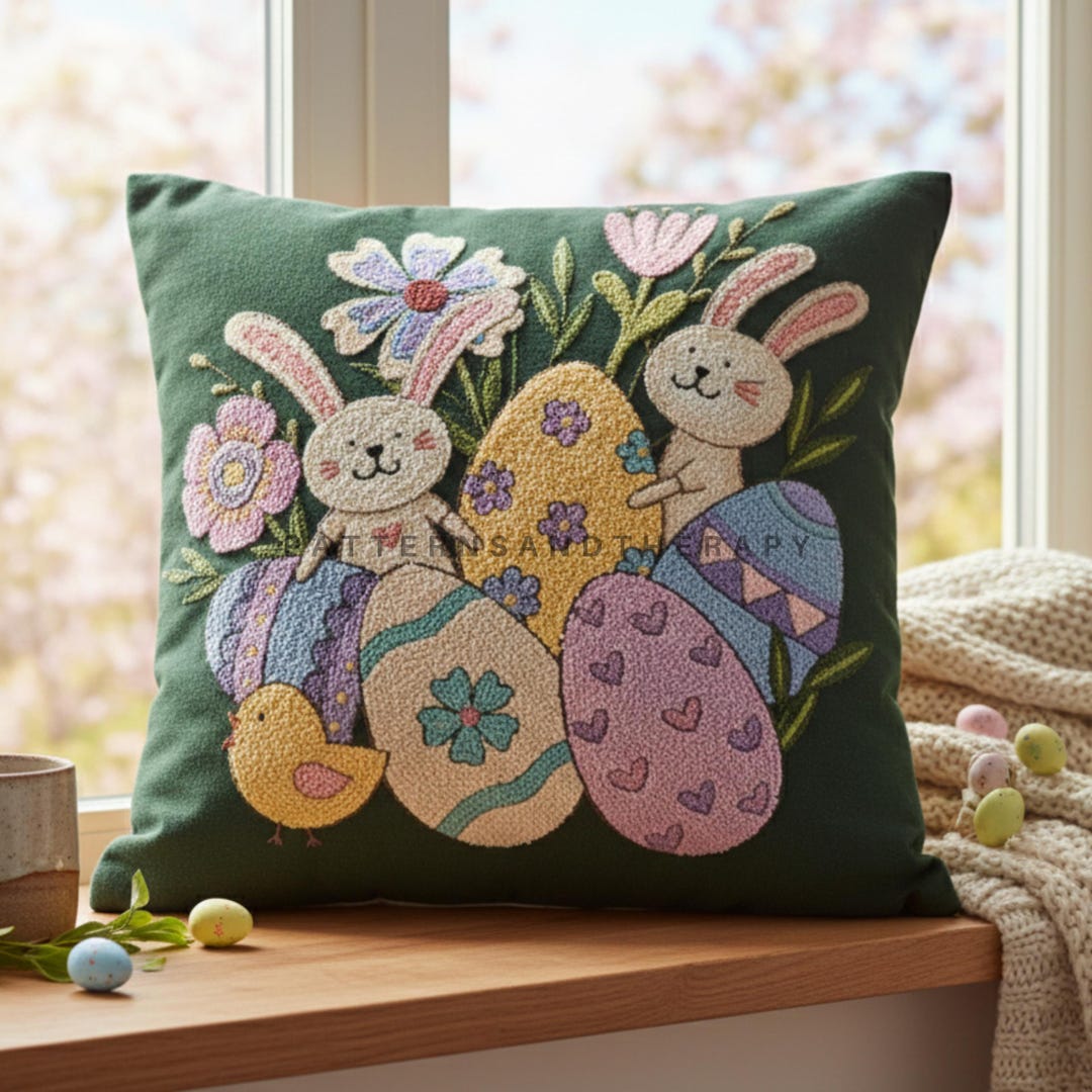 Easter Bunny Egg Punch Needle Pattern: Spring Meadow Floral Motif ...