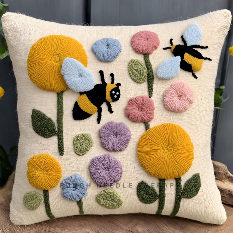 Spring Bumble Bee Punch Needle Pattern, DIY Pillow Case, Hand Tufted ...