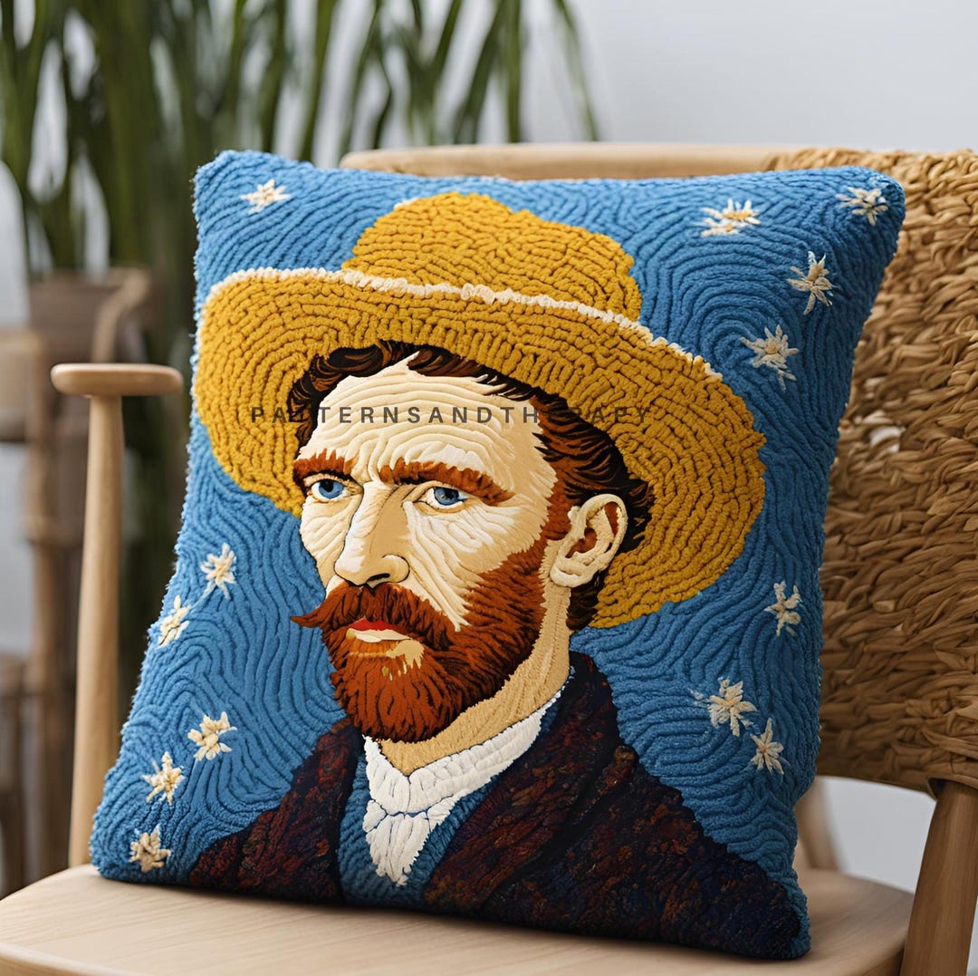 Van Gogh Portrait Inspired Punch Needle Pattern, DIY Throw Pillow Case ...