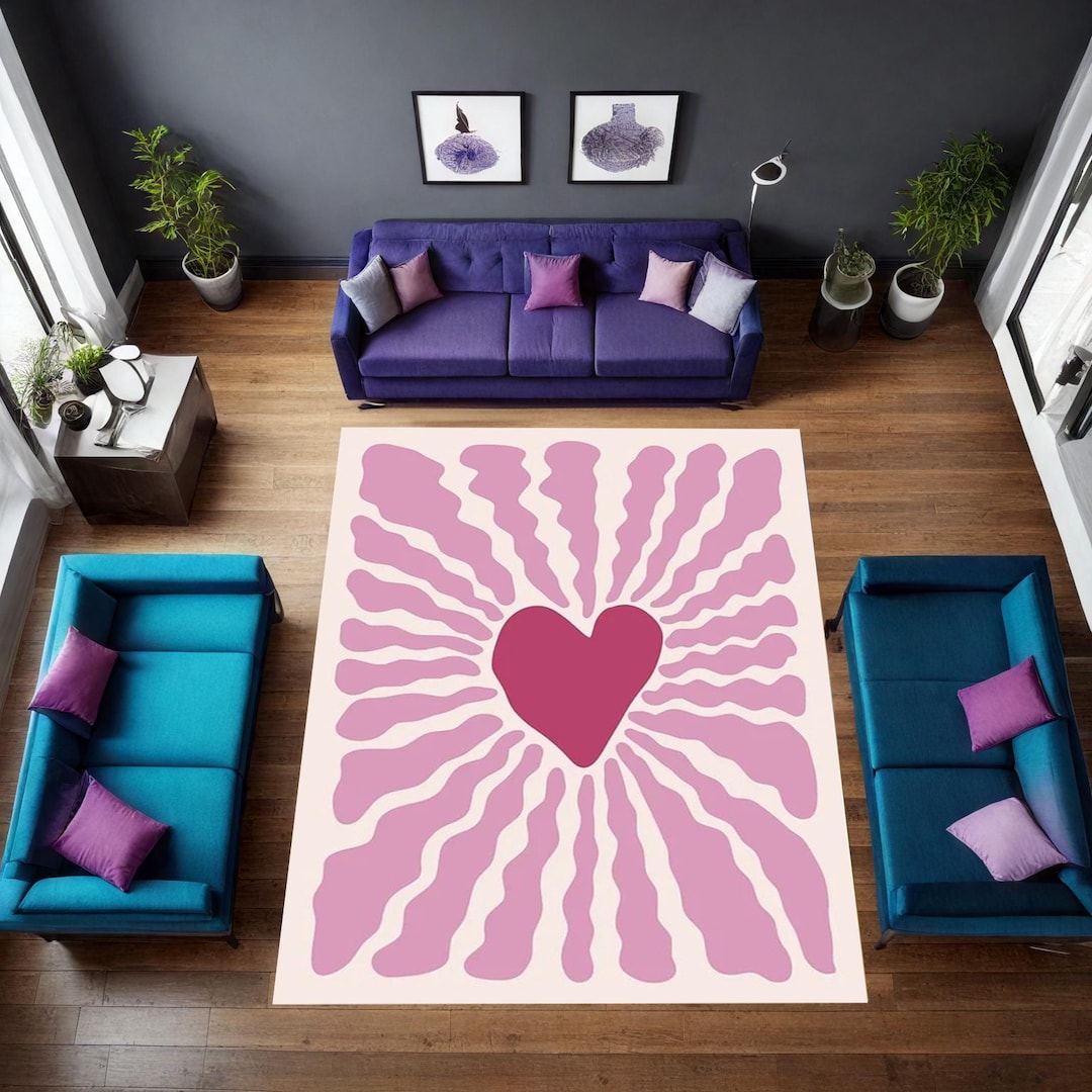 Bedroom Rug, Living Room Rug, Heart Patterned Rug, Pink Heart Rug, Non ...