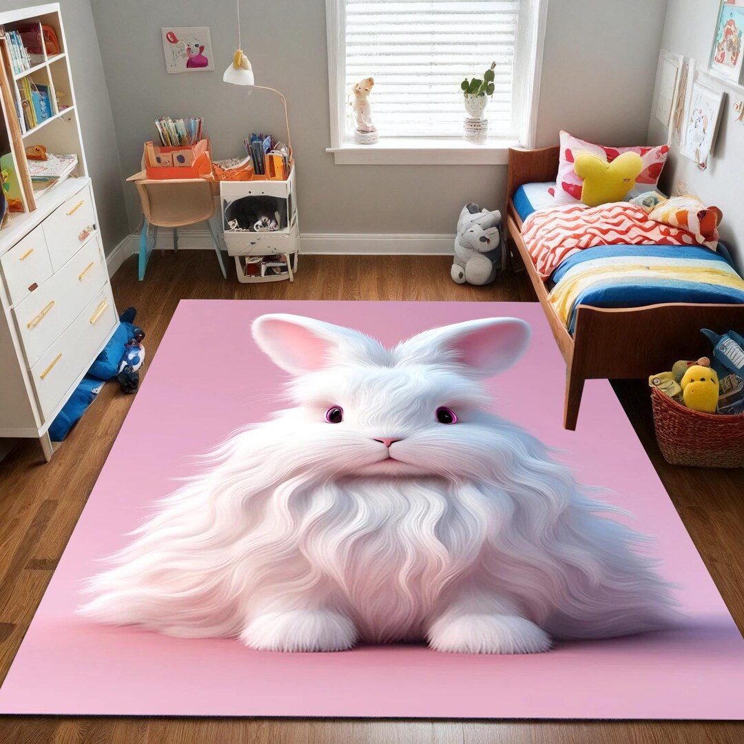 White Rabbit Rug, Cheerful Rabbit,pink Rug,digitally Printed, Non ...